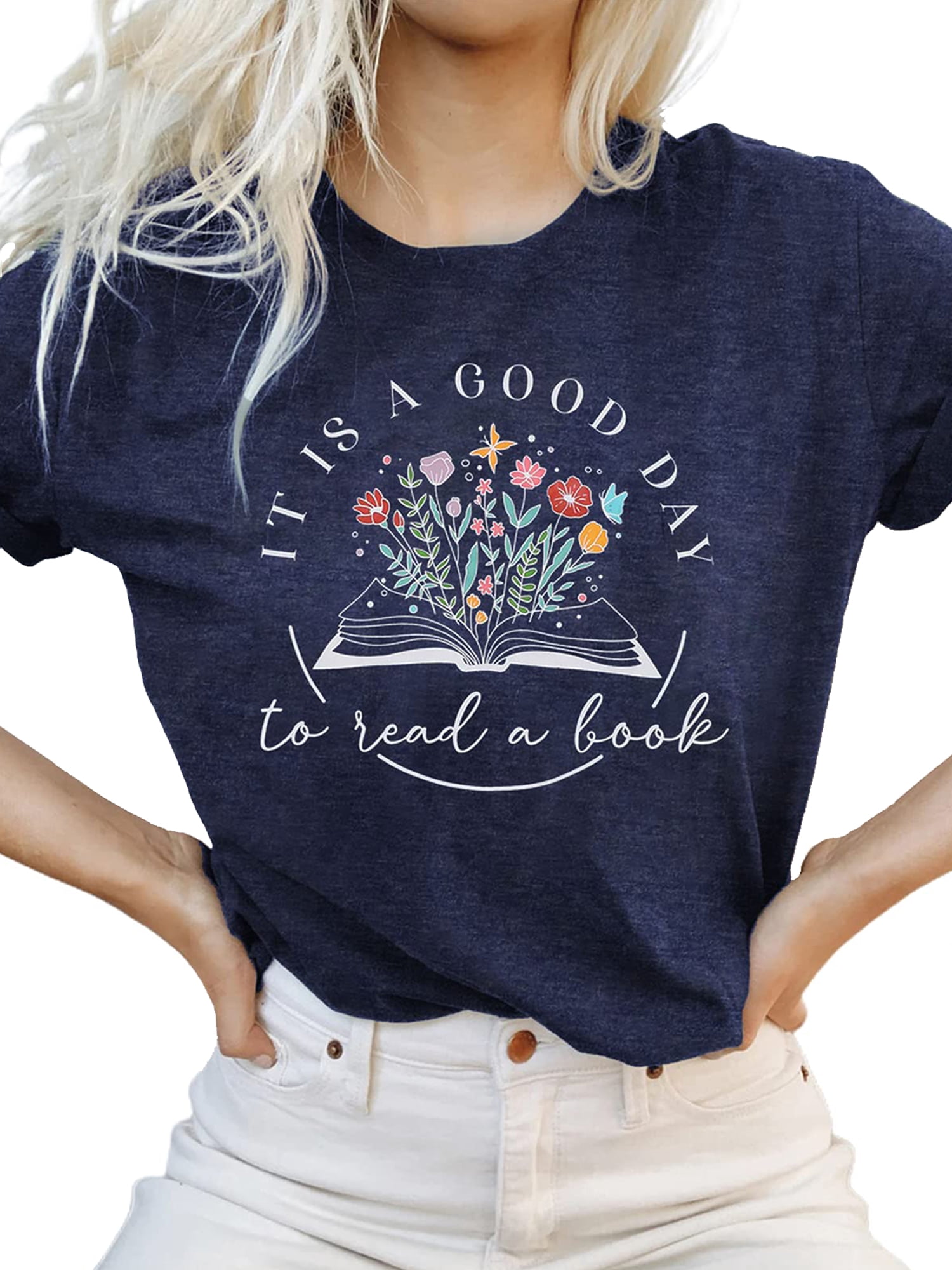 VILOVE Womens Summer Tops Teacher Shirts Book Plant Graphic Tees Crew ...