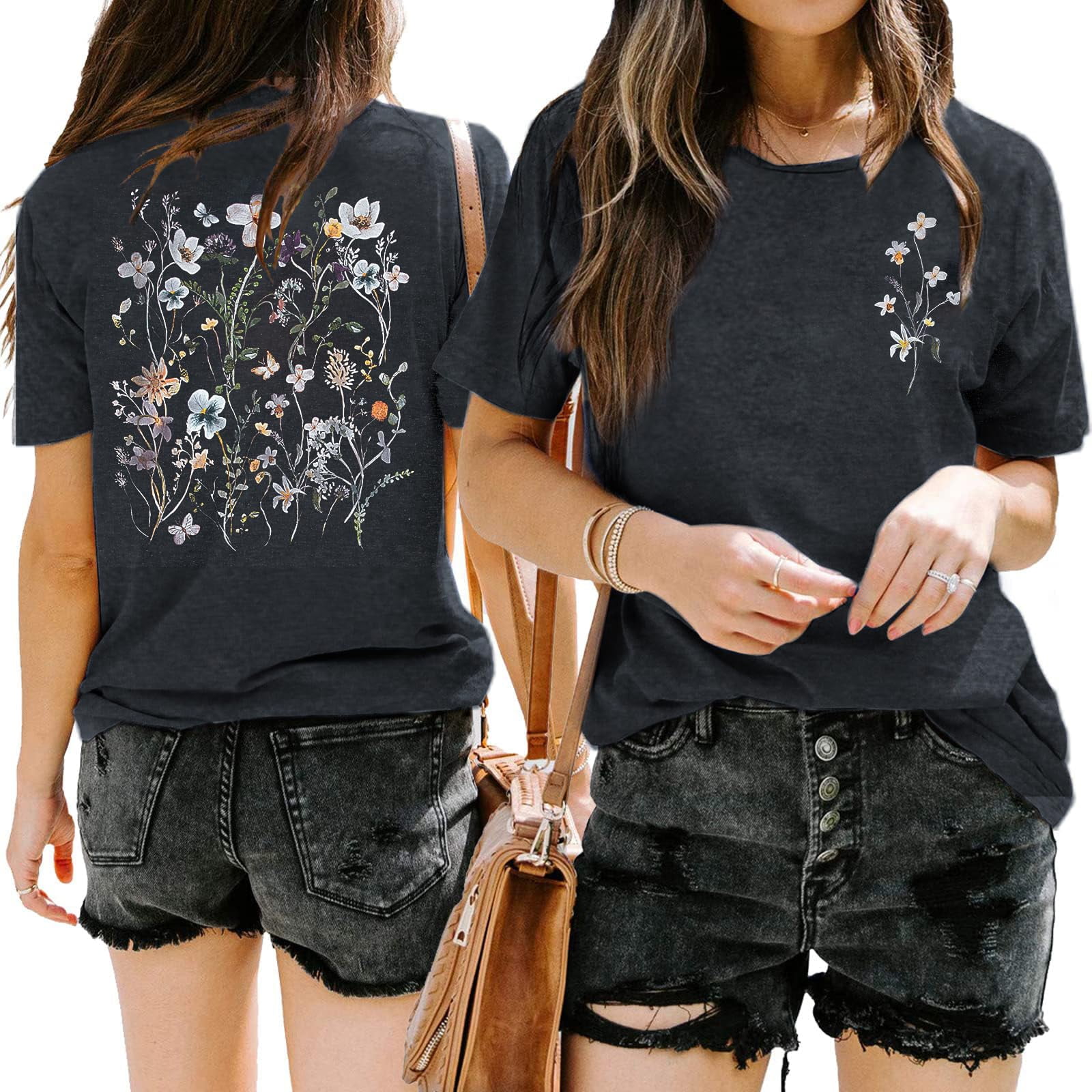 VILOVE Women Boho Flower T-Shirt Vintage Floral Shirt Botanical Graphic ...