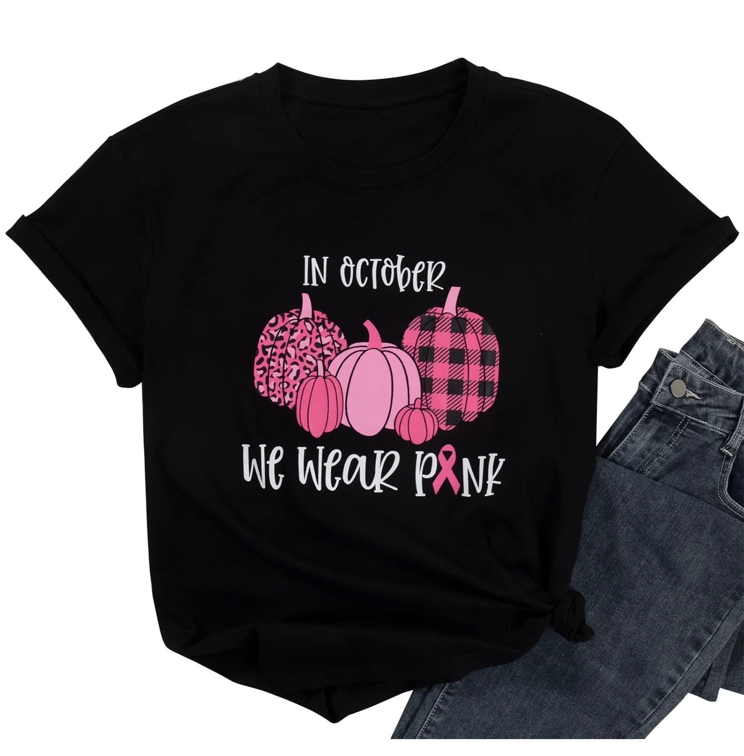 VILOVE Women Breast Cancer T-Shirt In October We Wear Pink Ribbon ...