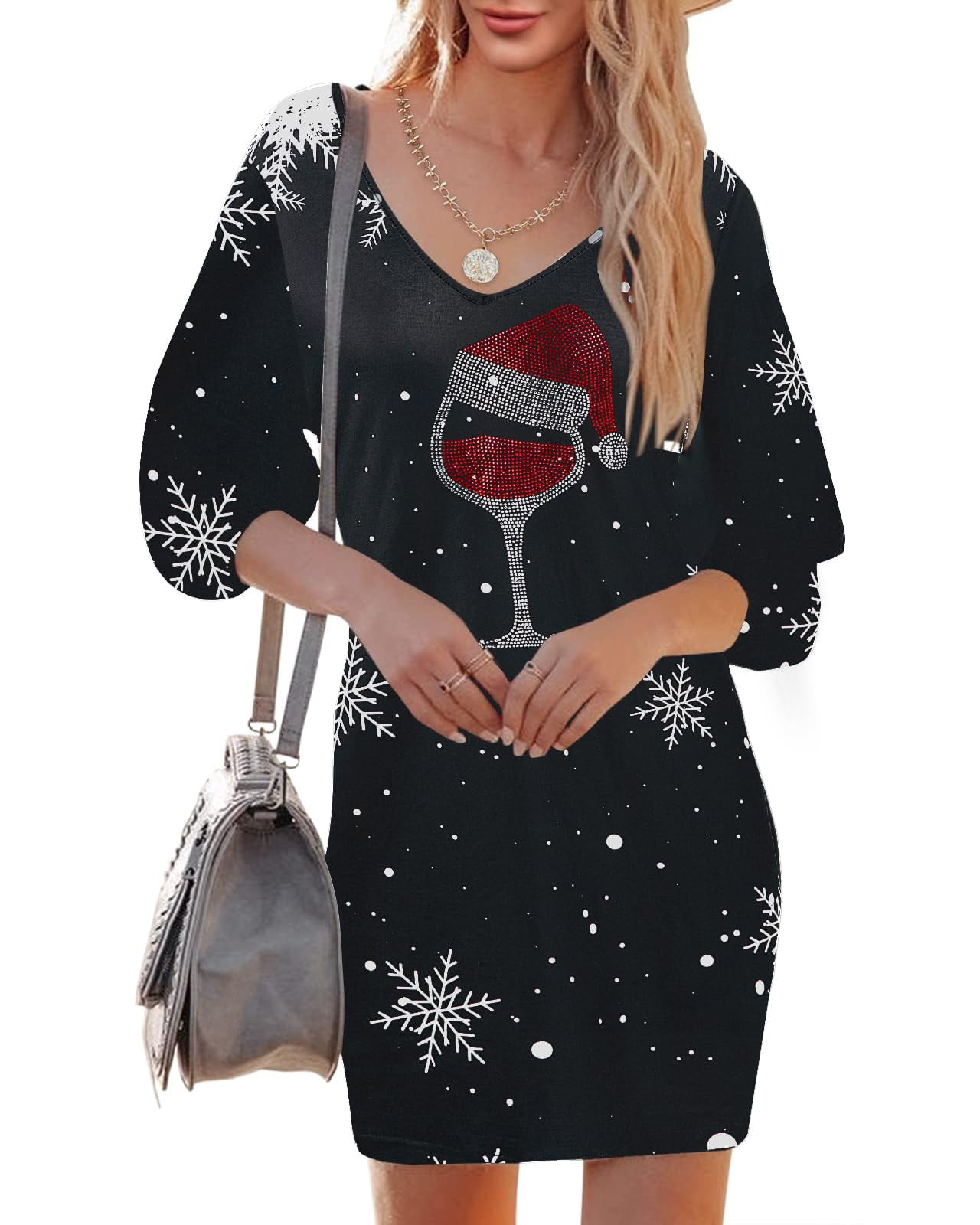 VILOVE Women Dress Shirt Christmas Long Sleeve Tops Red Wine Glass ...