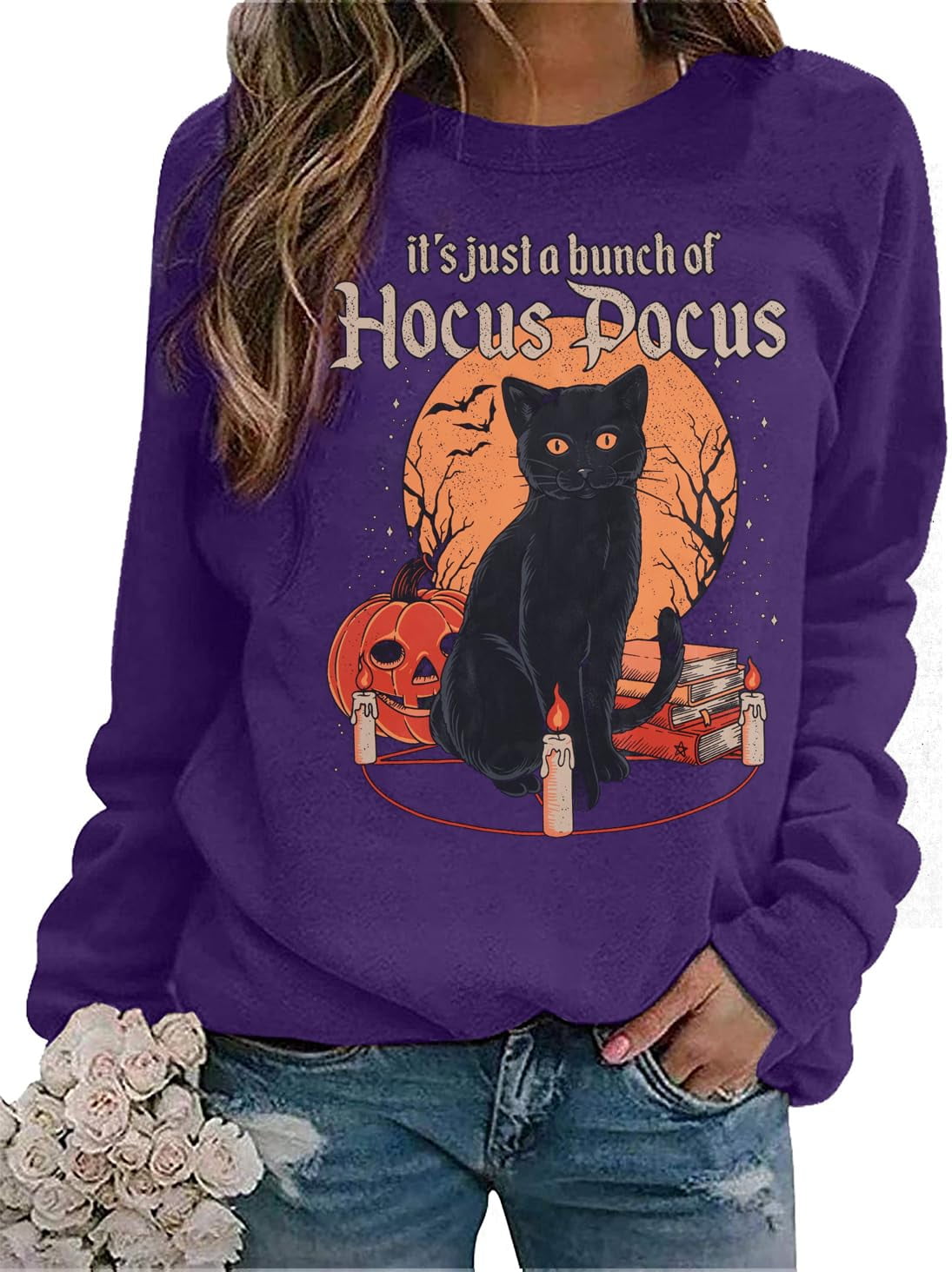 VILOVE Women Halloween Sweatshirt Hocus Pocus Black Cat Pumpkin Graphic ...