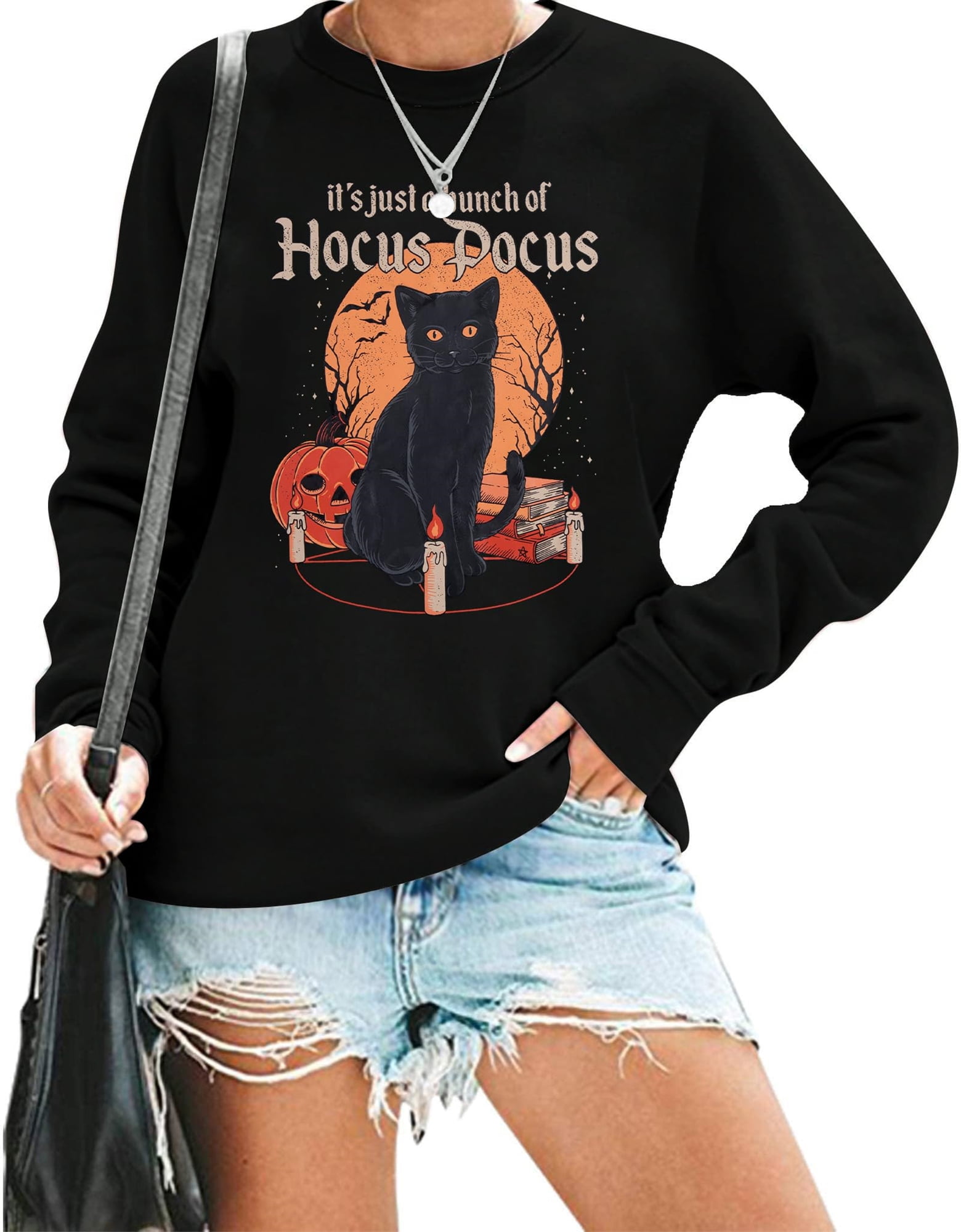 VILOVE Women Halloween Sweatshirt Hocus Pocus Black Cat Pumpkin Graphic ...