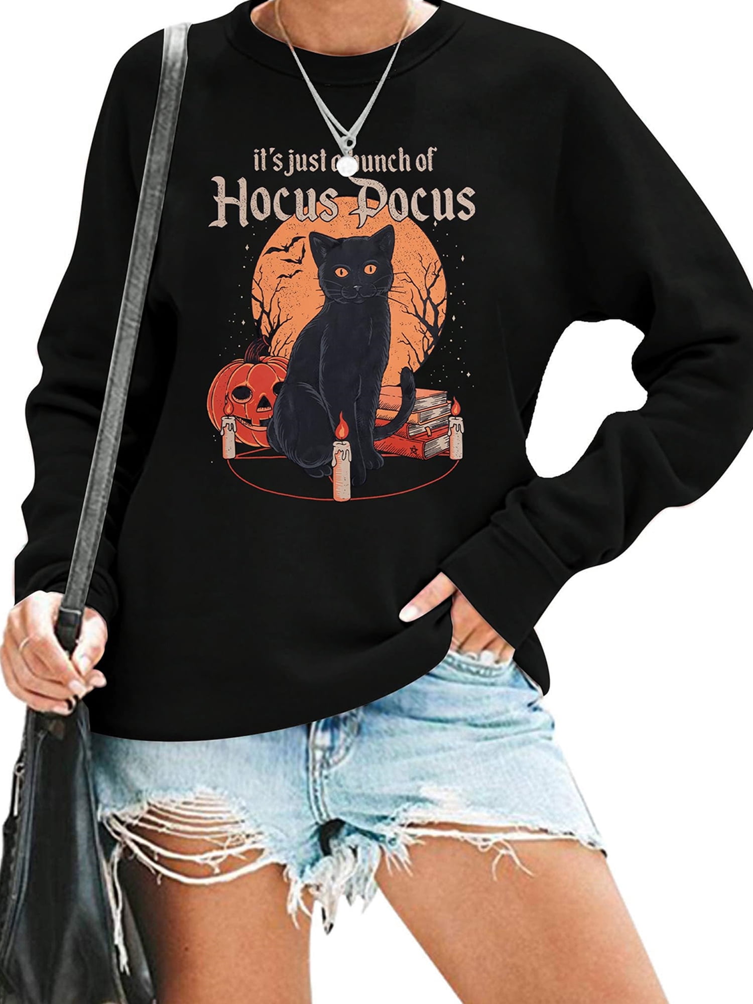 VILOVE Women Halloween Sweatshirt Hocus Pocus Black Cat Pumpkin Graphic ...