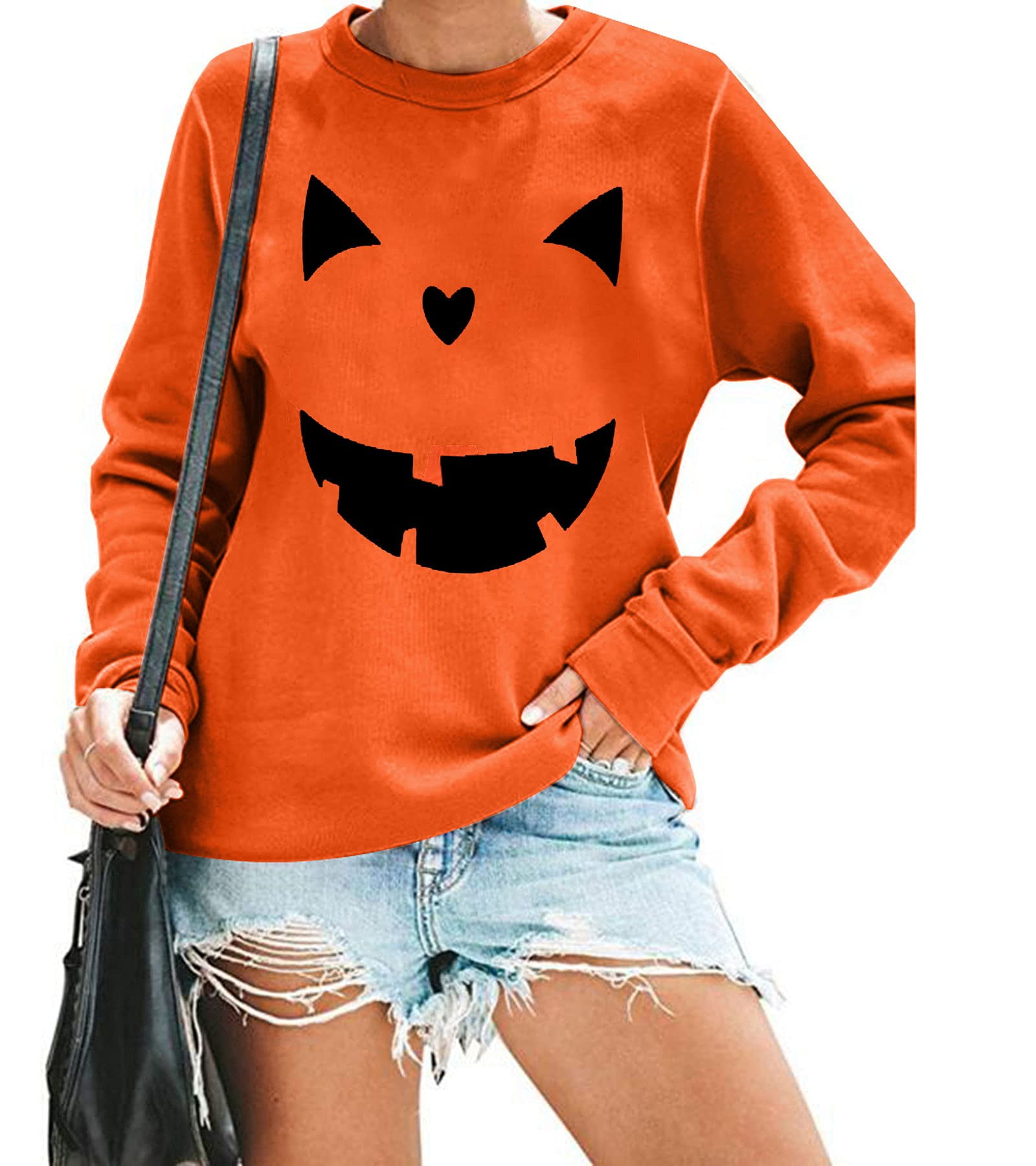 VILOVE Women Halloween Sweatshirt Pumpkin Face Graphic Pullover Long ...