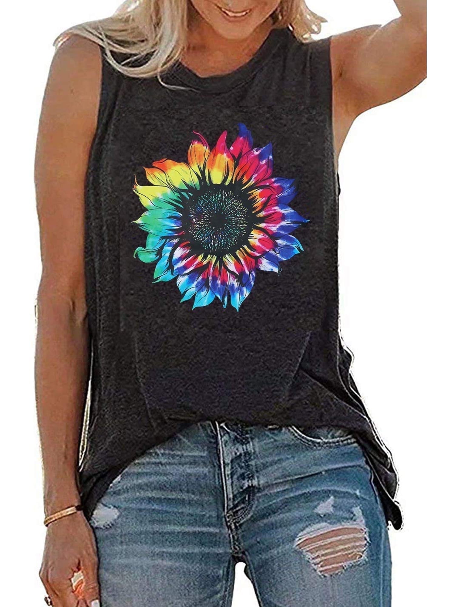 VILOVE Women Sunflower Graphic Tank Tops, Sleeveless Retro Hippie ...