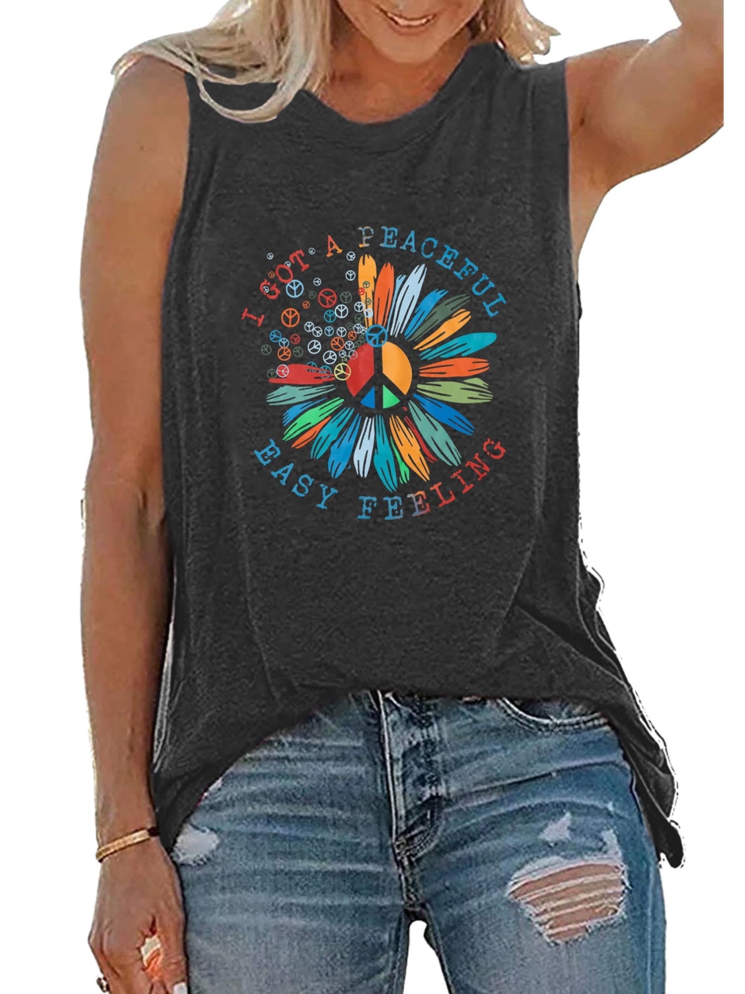 VILOVE Women Peace Love Shirt 70s Hippie Shirts Sunflower Graphic Shirt ...