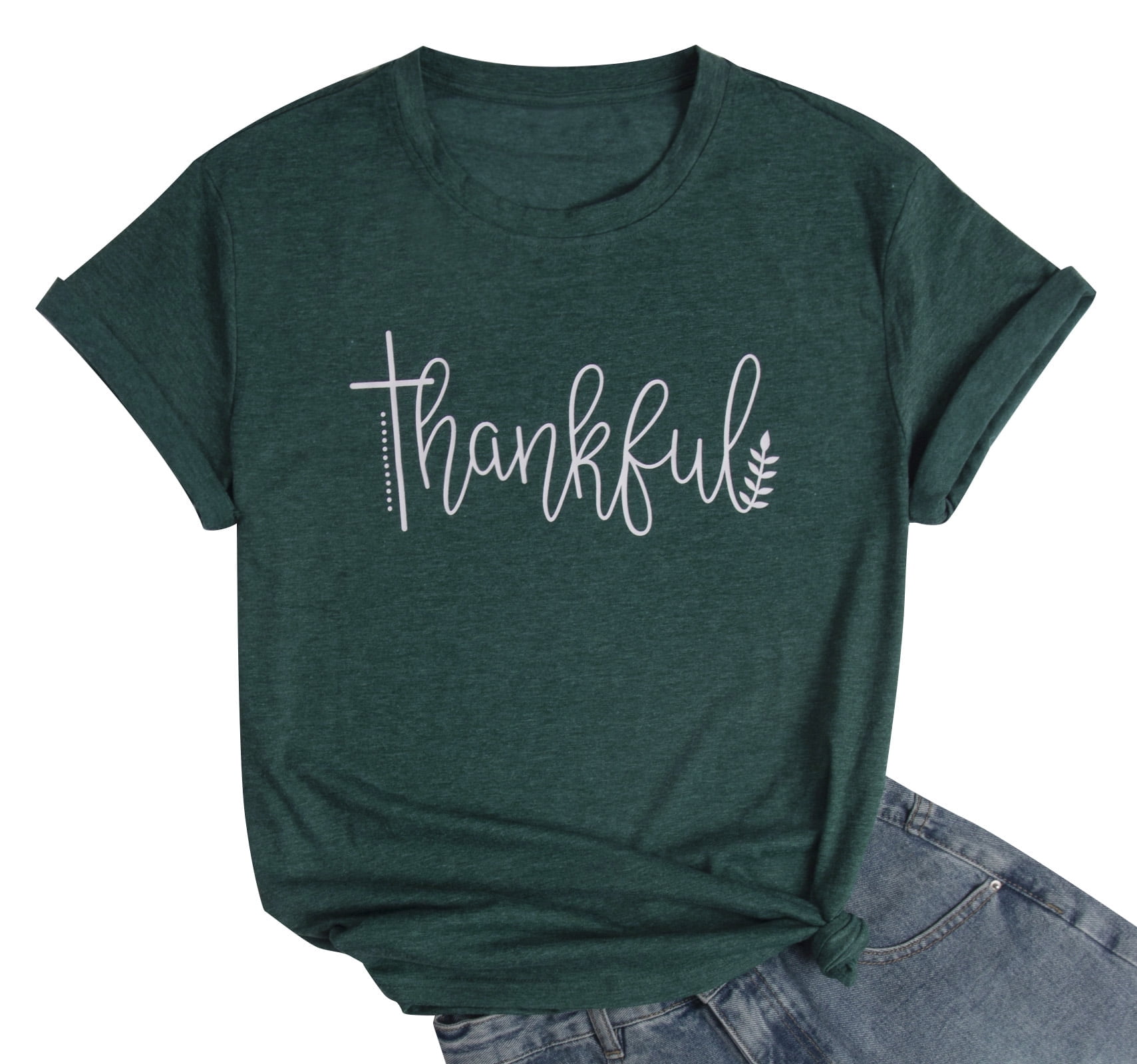 VILOVE Women Thanksgiving Shirt Thankful Letter Print Crew Neck T-Shirt ...