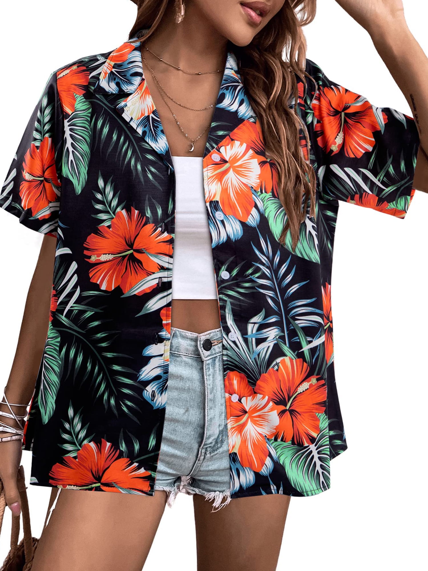 VILOVE Womens Hawaiian Aloha Summer Shirt, Tropical Floral Print Blouse ...