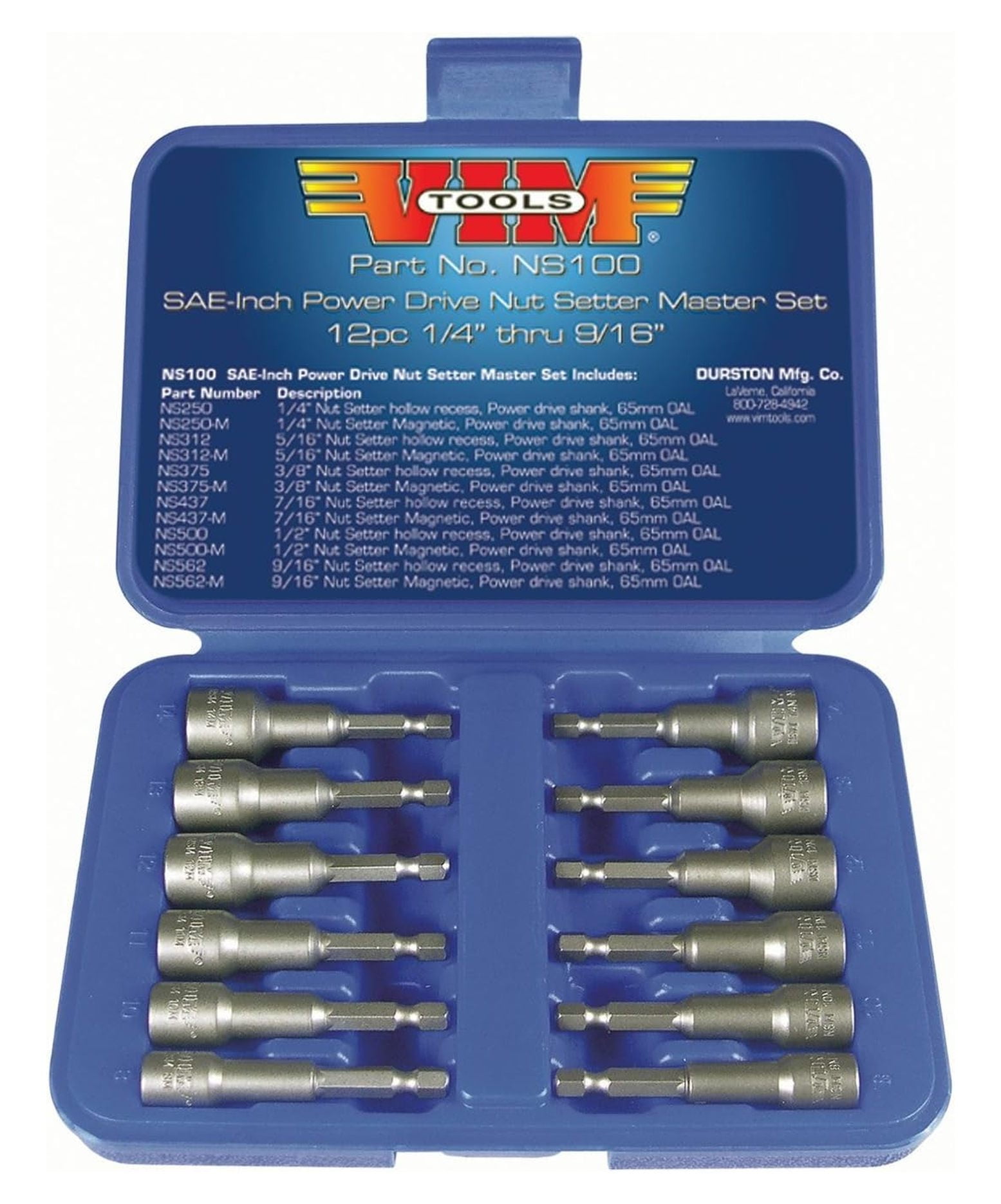 VIM Tools NS100 12-Piece SAE Power Drive Nut Setter with Magnetic and Hollow Point Drivers ...