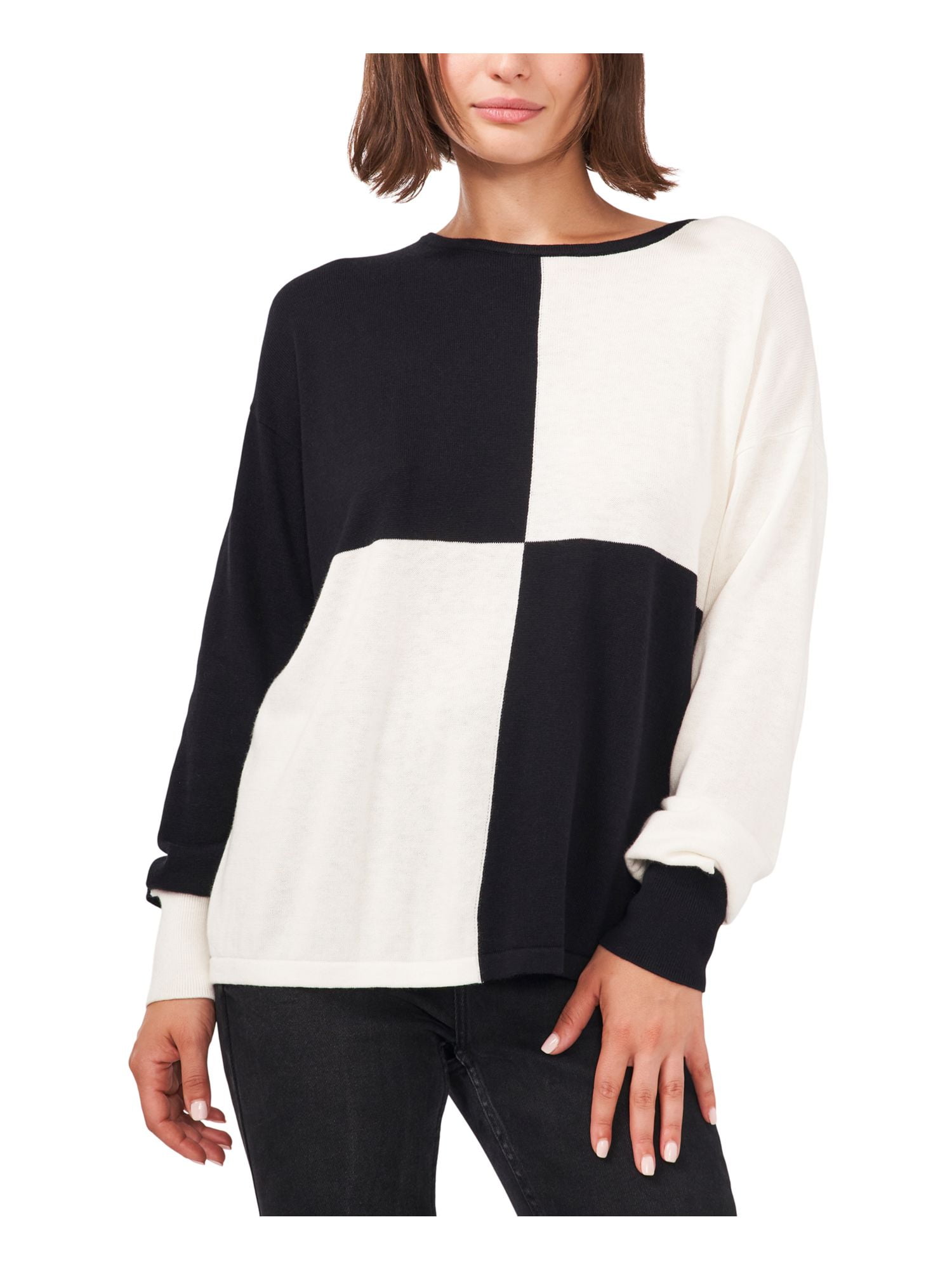 VINCE CAMUTO Womens Black Color Block Long Sleeve Crew Neck Wear To ...