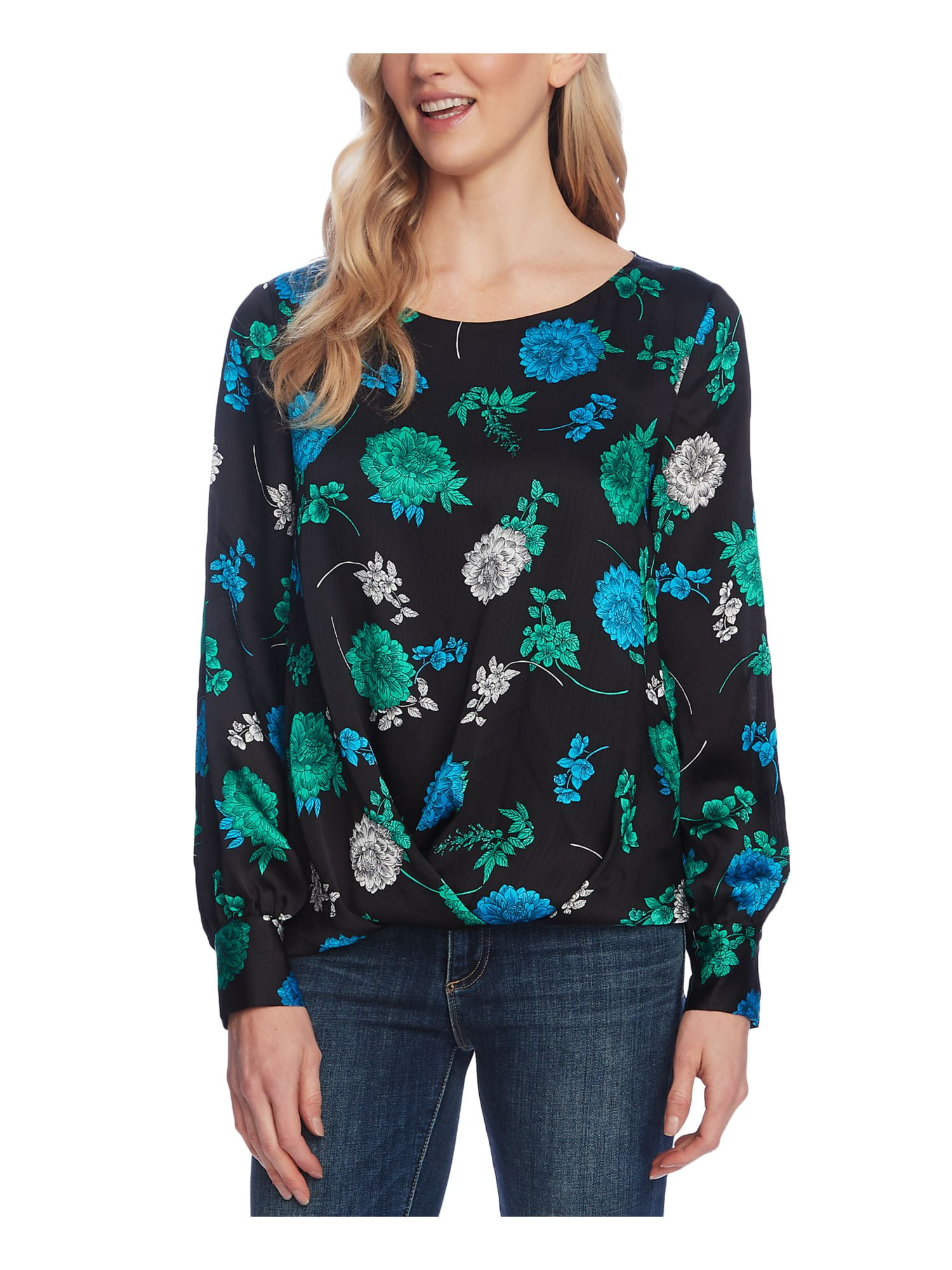 VINCE CAMUTO Womens Black Floral Long Sleeve Jewel Neck Top M - Walmart.com