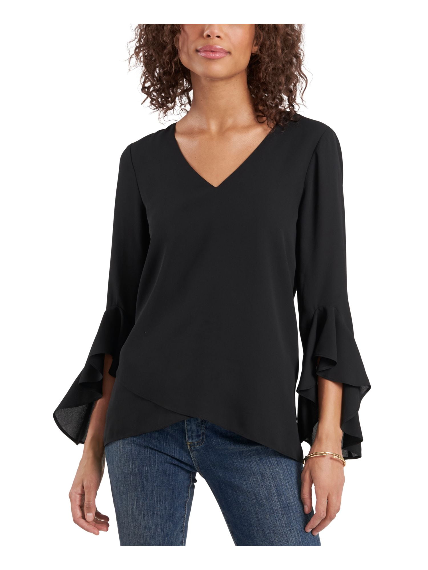 VINCE CAMUTO Womens Black Gathered Crossover Front Step Hem Flutter ...