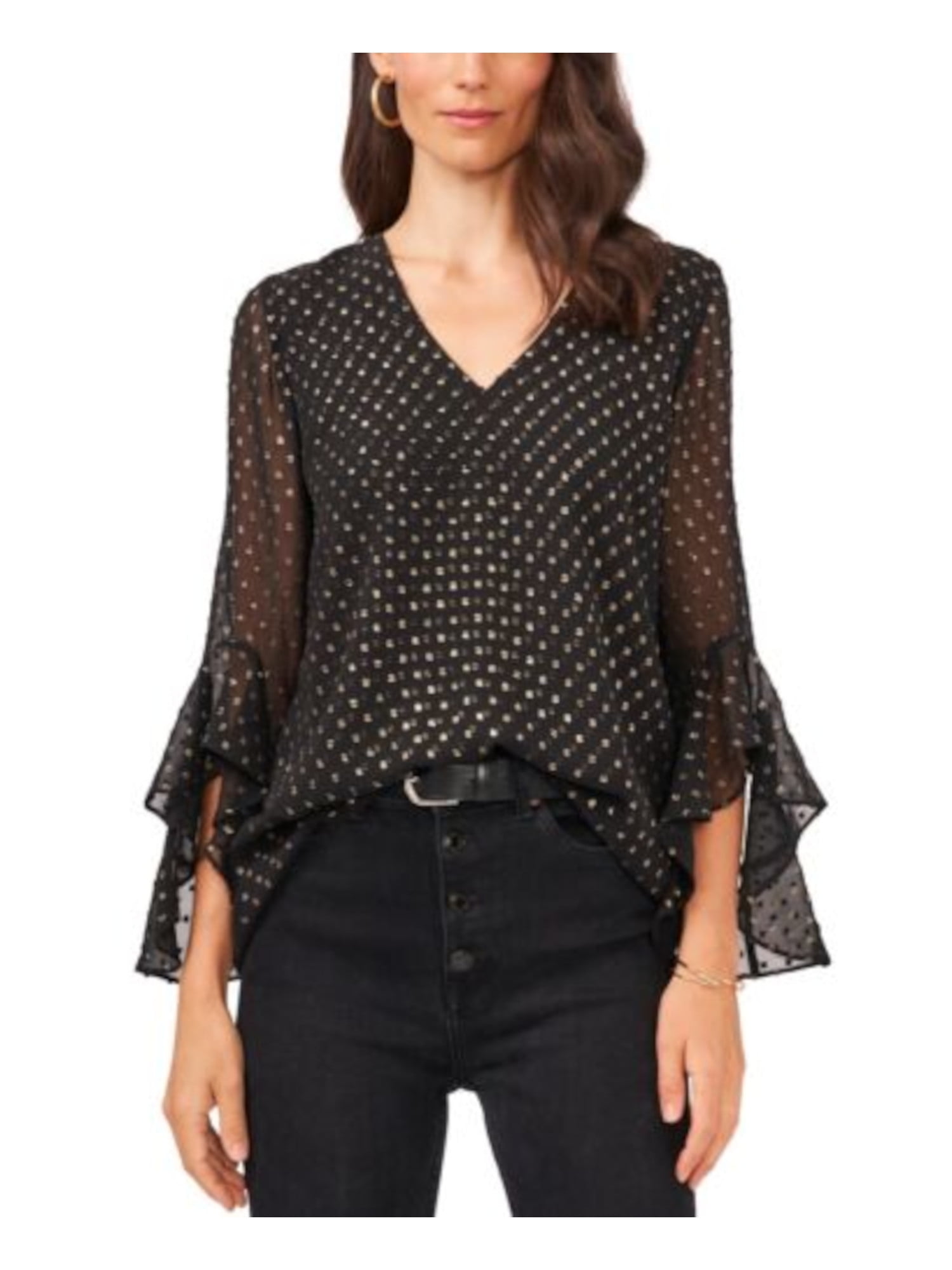 VINCE CAMUTO Womens Black Ruffled Sheer Crossover Hem Lined Bell Sleeve ...