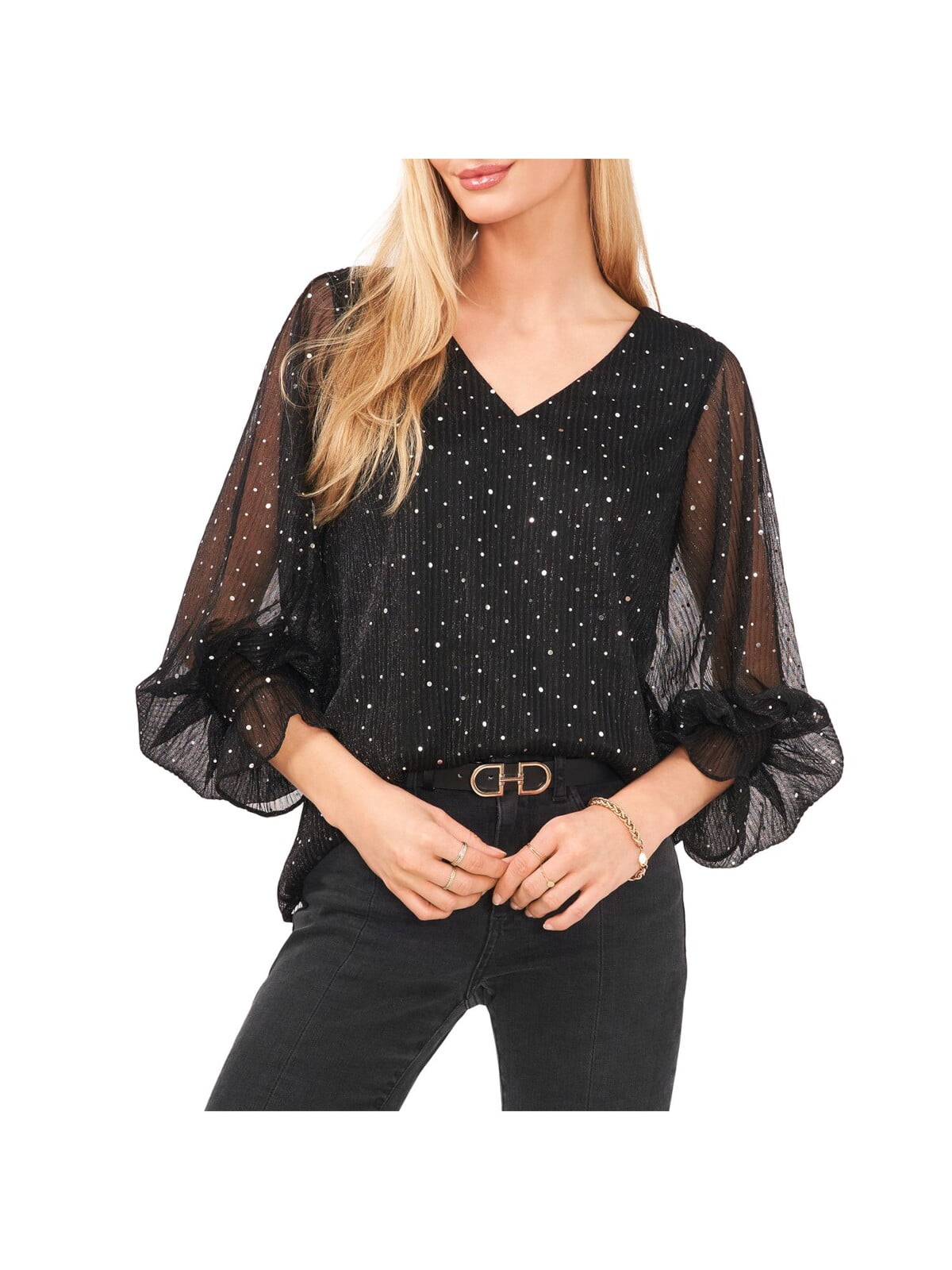 VINCE CAMUTO Womens Black Sequined Sheer Balloon Sleeve V Neck Wear To ...