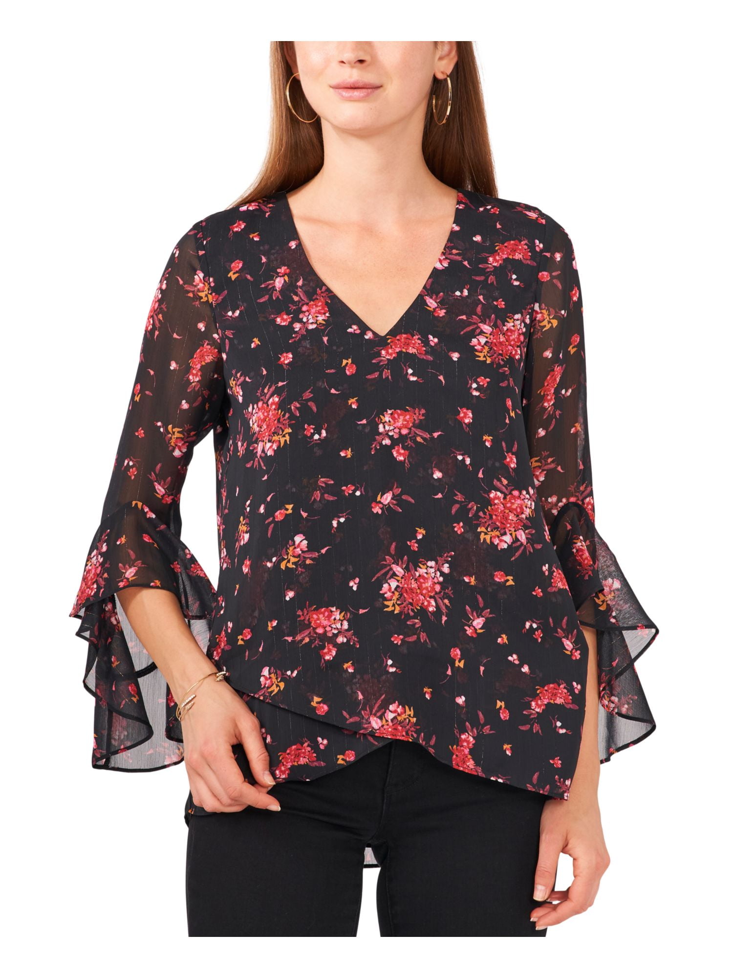 VINCE CAMUTO Womens Black Sheer Metallic Cross Over Hem Lined Floral ...