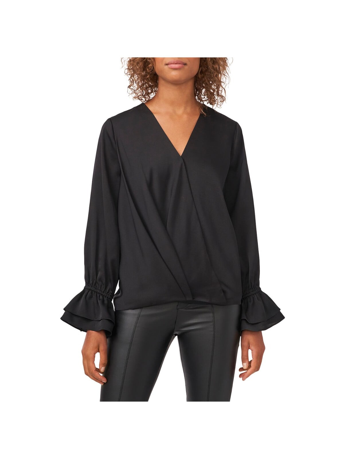 VINCE CAMUTO Womens Black Sheer Ruffled-cuff Long Sleeve Surplice ...