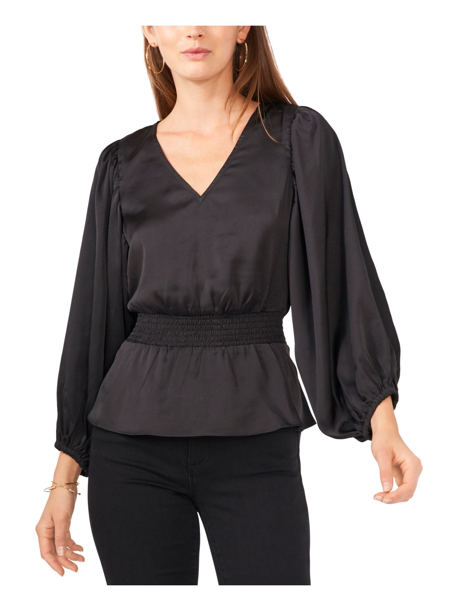 VINCE CAMUTO Womens Black Smocked Blouson Sleeve V Neck Wear To Work ...