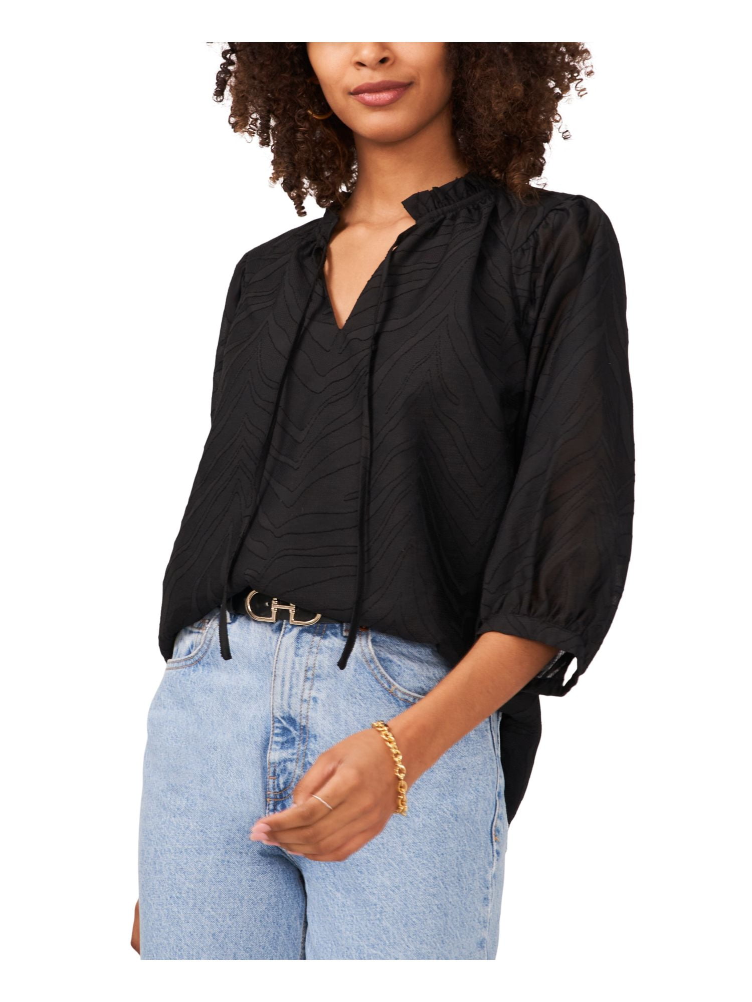 VINCE CAMUTO Womens Black Textured Ruffled Tie Split Hem Lined 3/4 ...