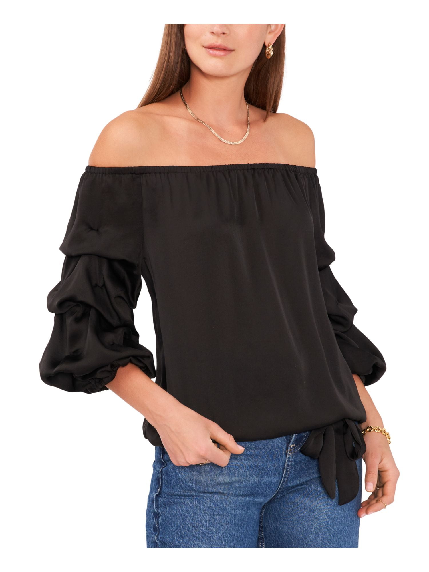 VINCE CAMUTO Womens Black Tie Ruched Lined Elasticized Sheer Balloon ...