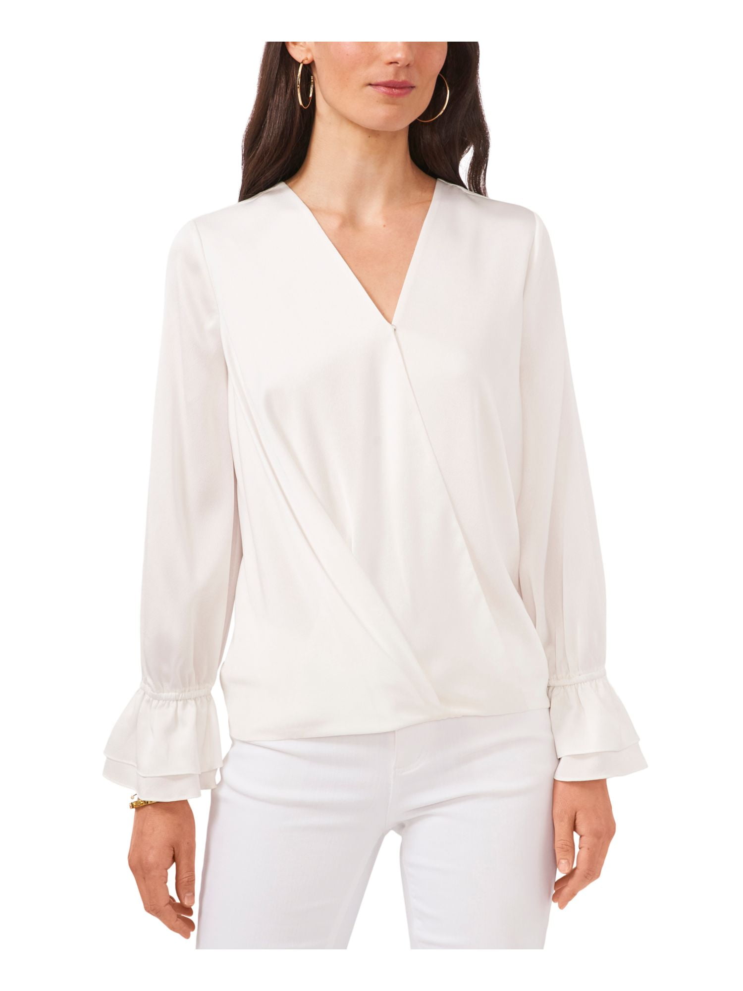 VINCE CAMUTO Womens Ivory Pleated Ruffled-cuff Step Hem Long Sleeve ...