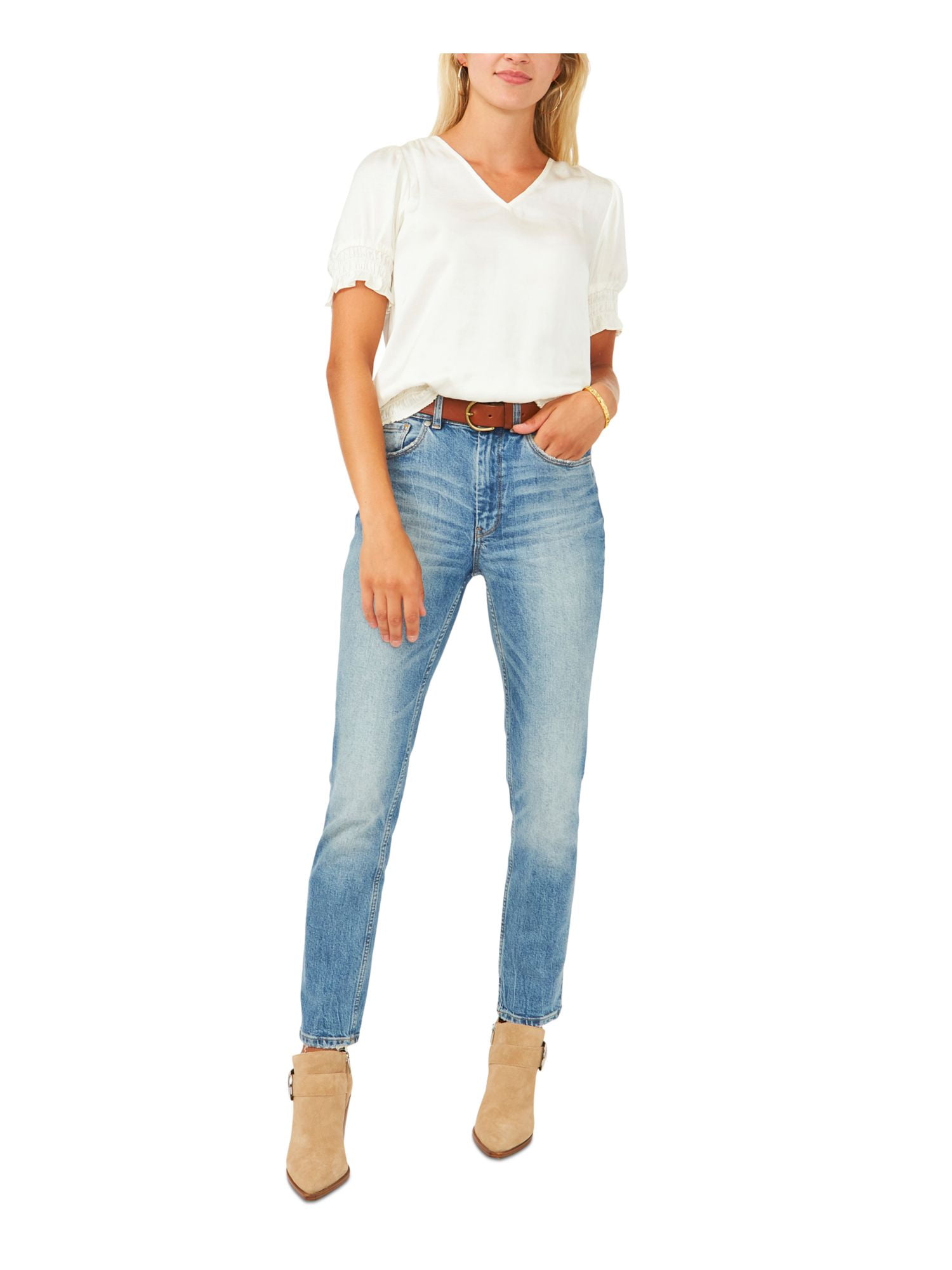 VINCE CAMUTO Womens Ivory Smocked Silk Short Sleeve V Neck Wear To Work ...