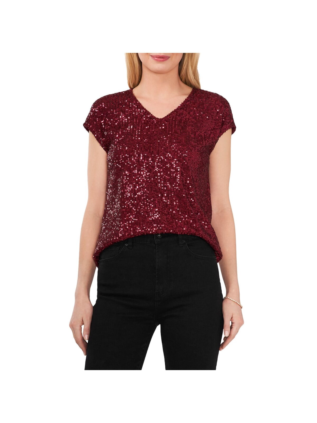 VINCE CAMUTO Womens Maroon Sequined Short Sleeve V Neck Party Top L ...