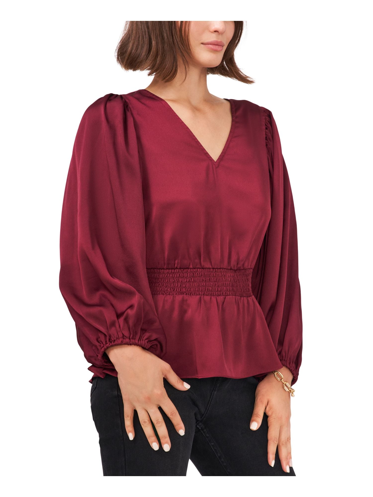 VINCE CAMUTO Womens Maroon Smocked Blouson Sleeve V Neck Wear To Work ...