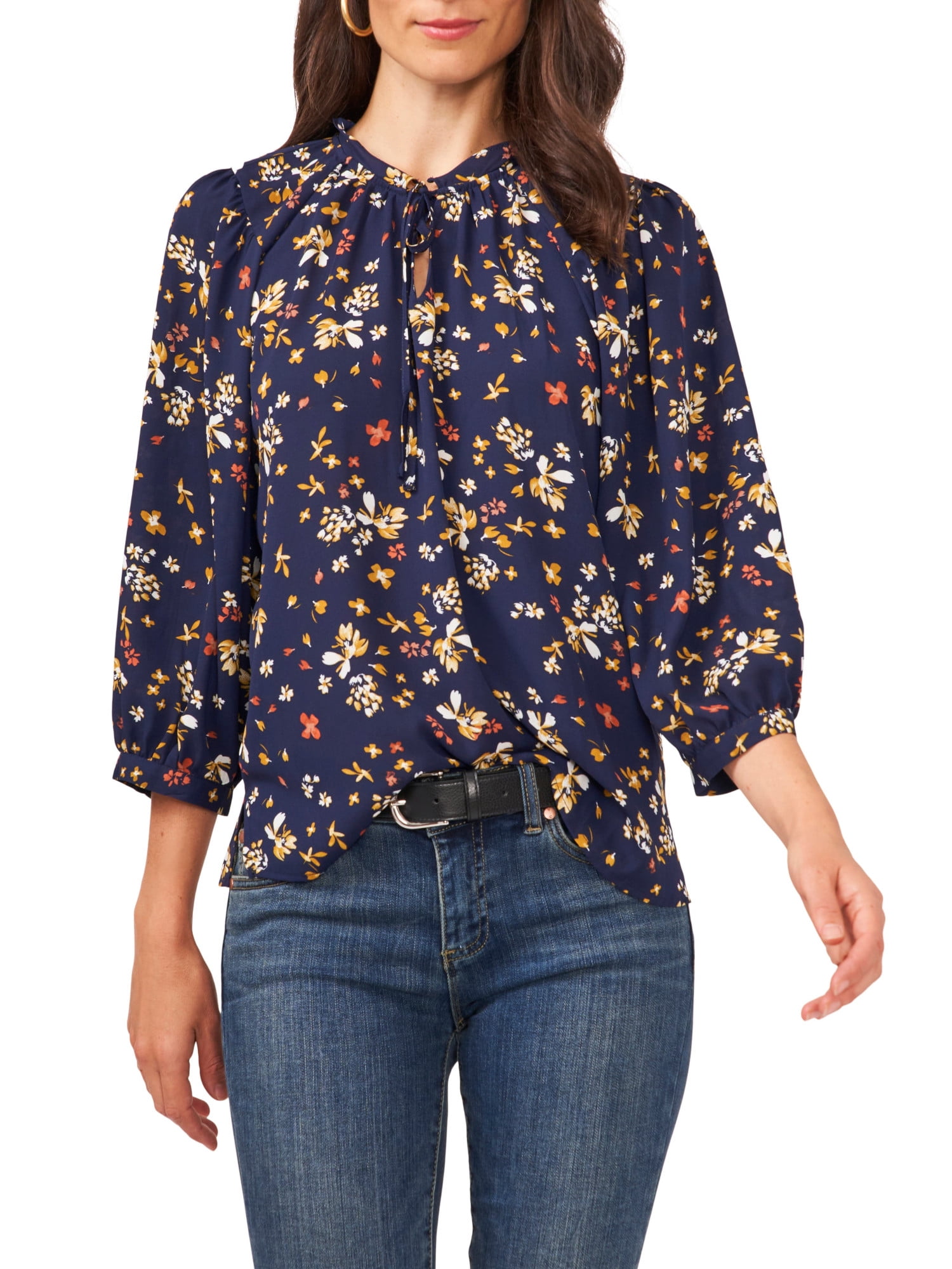 VINCE CAMUTO Womens Navy Tie Button Cuffs Floral 3/4 Sleeve Split ...