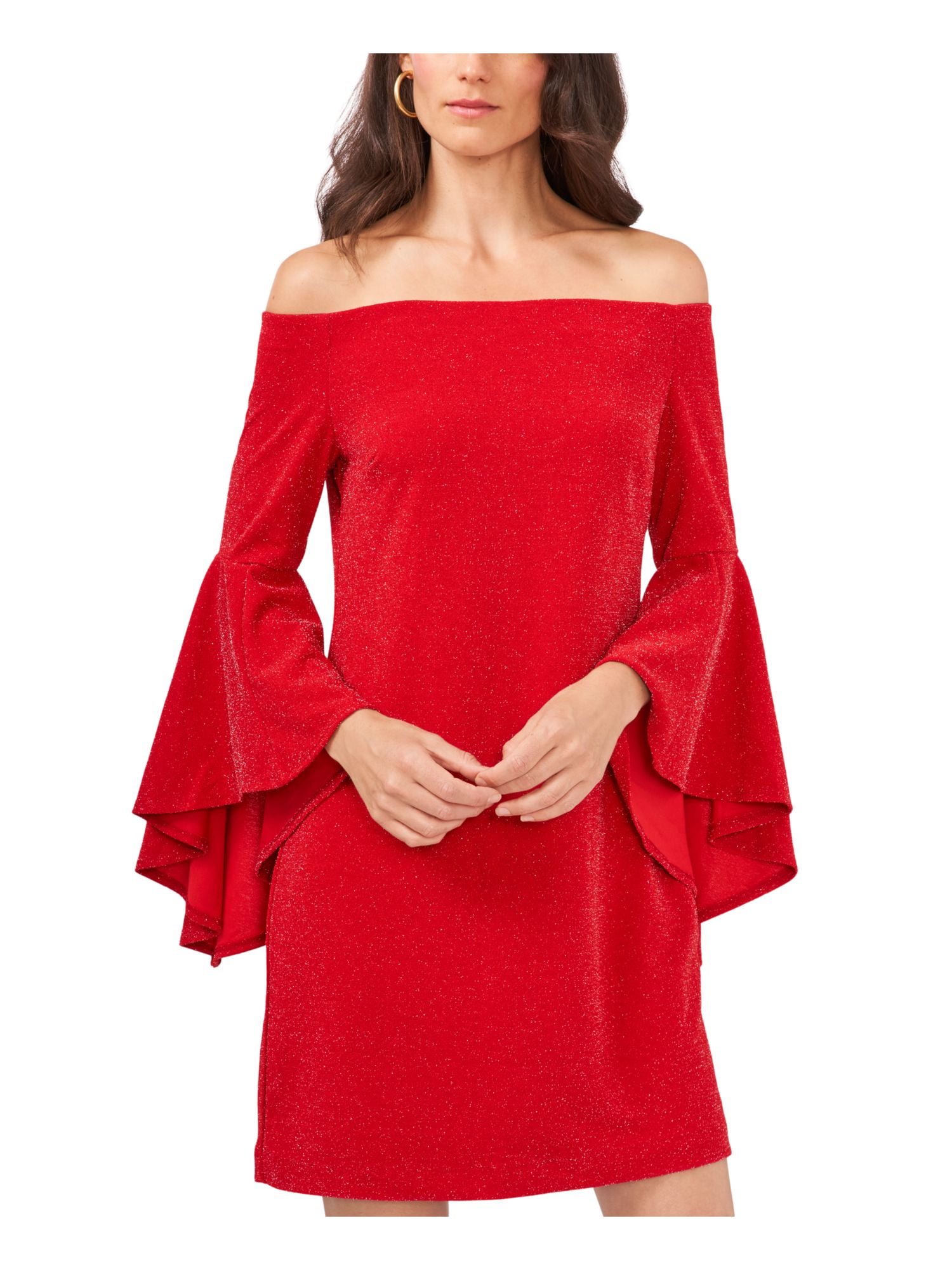 VINCE CAMUTO Womens Red Glitter Pullover Lined Bell Sleeve Off Shoulder ...