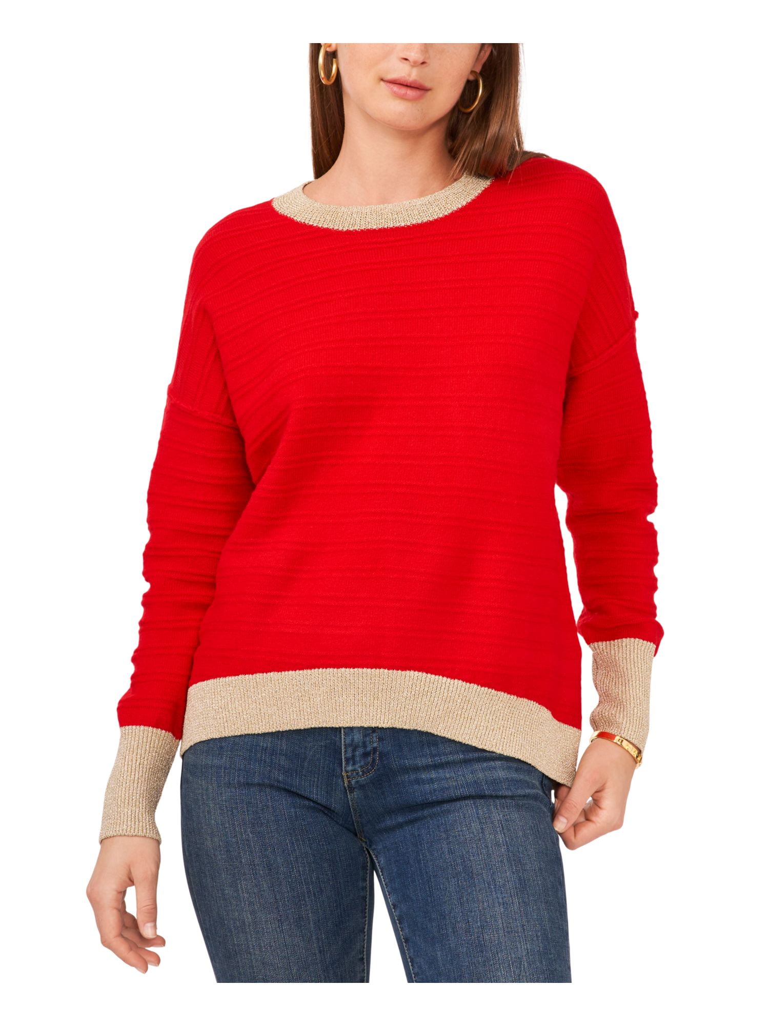 VINCE CAMUTO Womens Red Metallic Ribbed Color Block Long Sleeve Crew ...