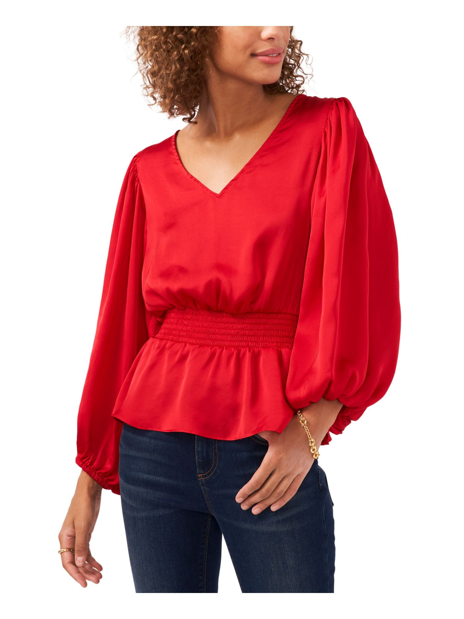 VINCE CAMUTO Womens Red Smocked Pleated Balloon Sleeve V Neck Wear To ...