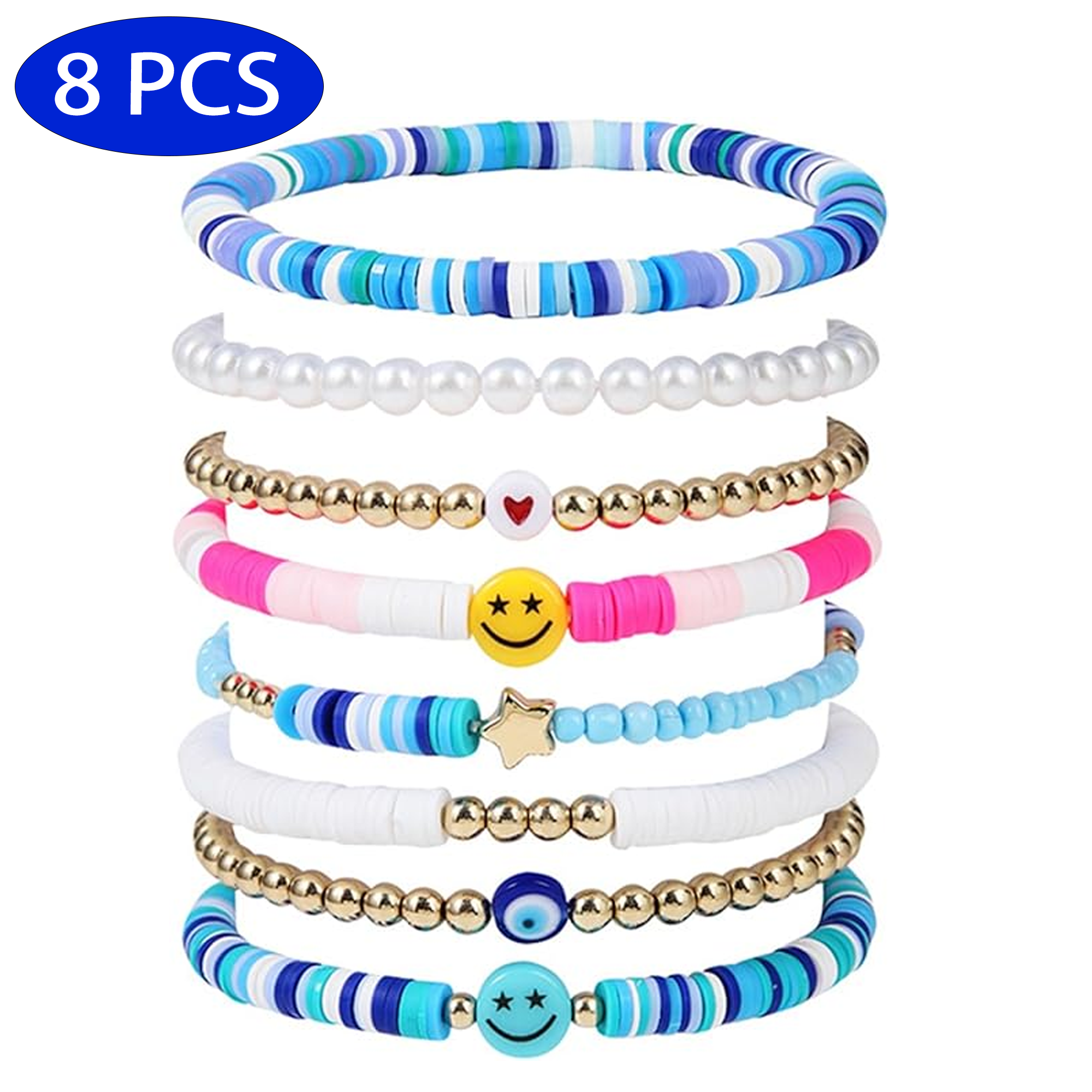 GOVSONE 8Pcs Heishi Surfer Bracelets Preppy Happy Smile Evil Eye Beaded ...