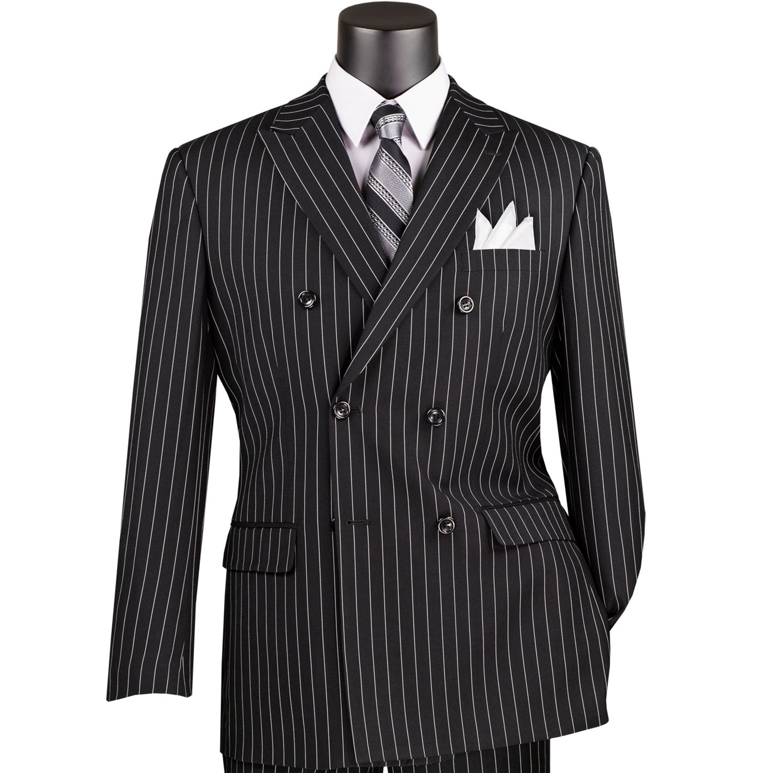 VINCI Men's Black Pinstripe Double-Breasted 6-Button Classic Fit Suit ...