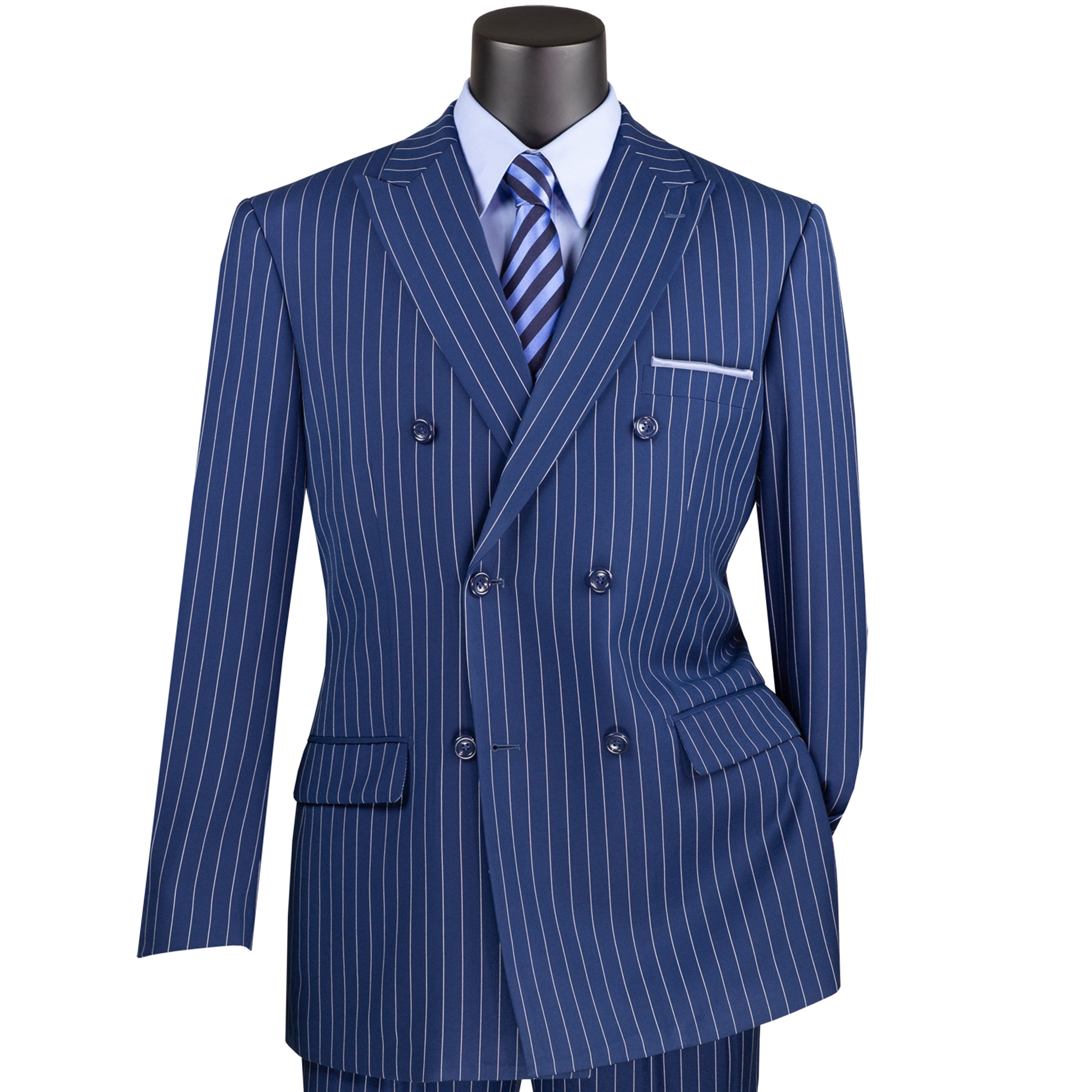 VINCI Men's Blue Pinstripe Double-Breasted 6-Button Classic Fit Suit ...