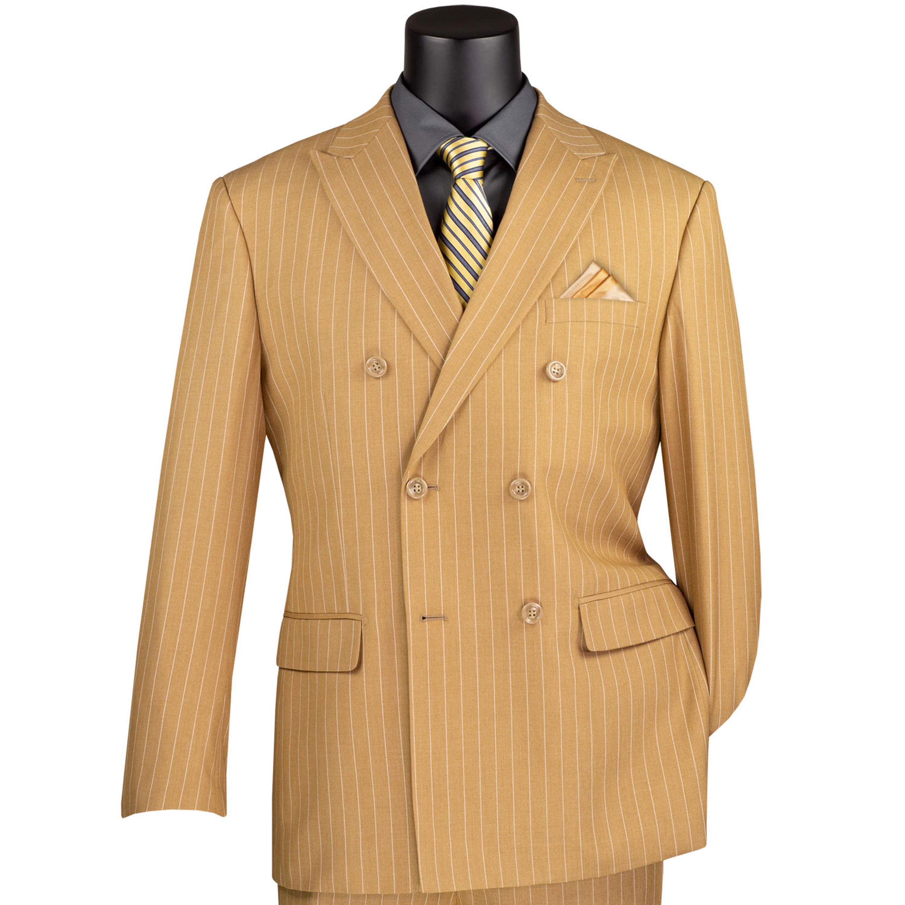 VINCI Men's Camel Beige Pinstripe Double-Breasted 6-Button Classic Fit ...