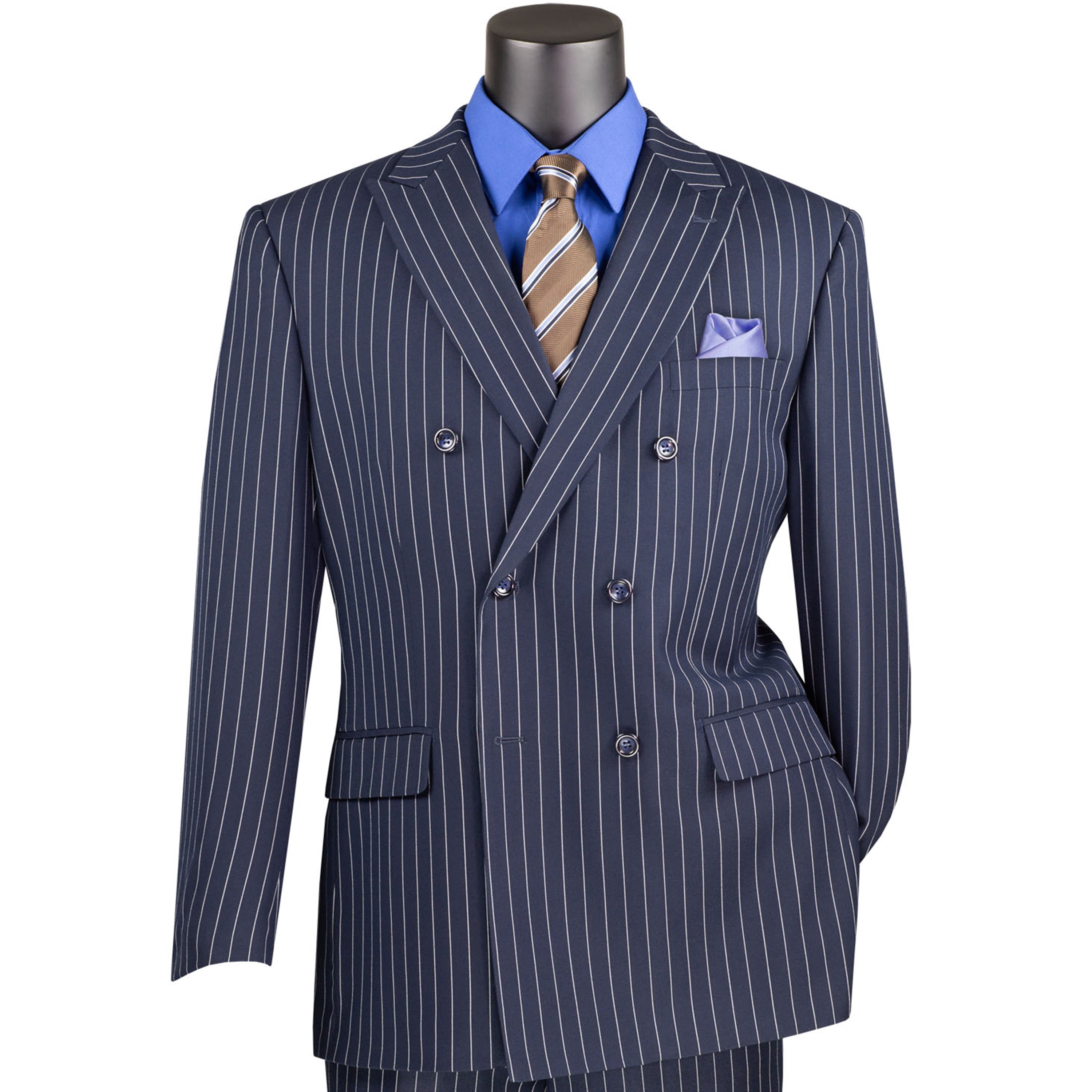 VINCI Men's Navy Blue Pinstripe Double-Breasted 6-Button Classic Fit ...
