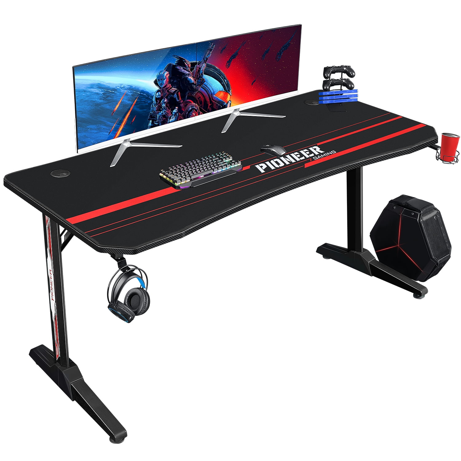 VINEEGO 55 inch Gaming Desk Ergonomic T-Shaped Legs Carbon Fiber ...