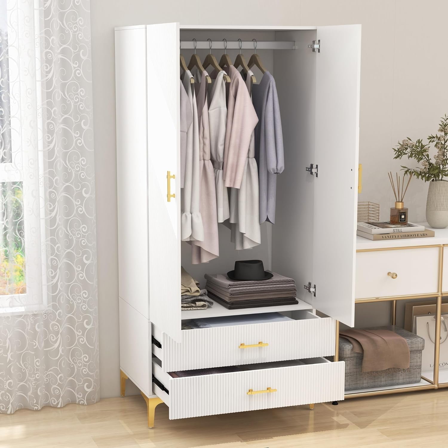 VINFORM Armoire Wardrobe Closet 2 Door, Wooden 2 Storage Drawers ...