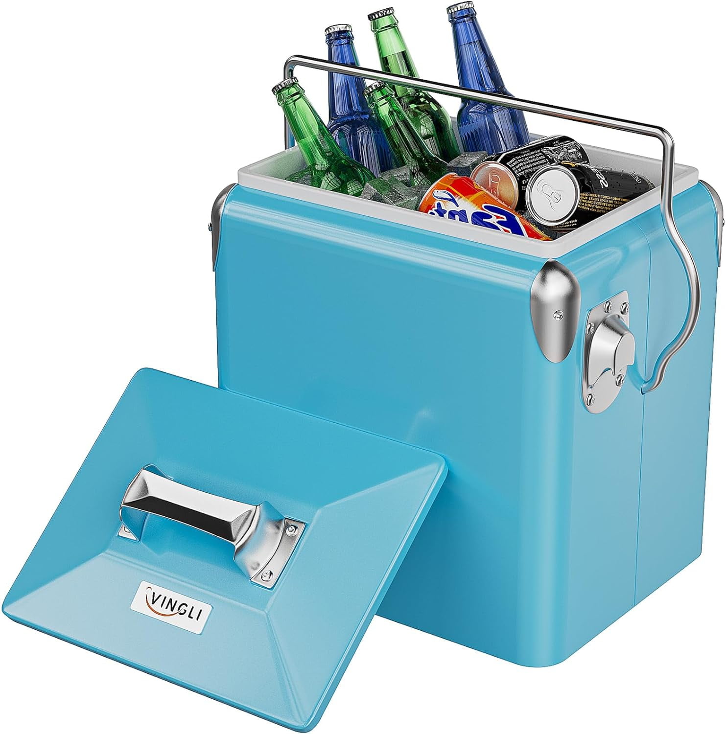 VINGLI 14 QT Blue Cooler, Powder-Coated Steel, Keeps Drinks Cool 48 ...