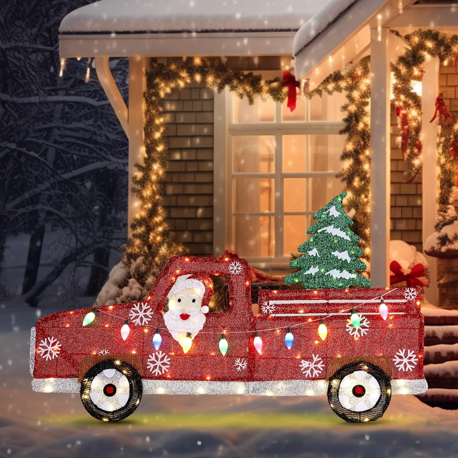 VINGLI 2.3FT 2D Lighted Christmas Santa Claus in Red Truck Outdoor ...