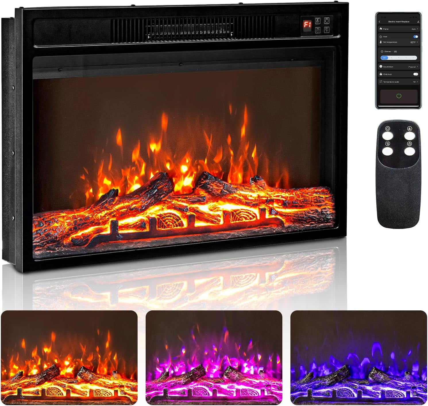VINGLI 26" Electric Fireplace Inserts with APP & Remote Control, 1500W ...