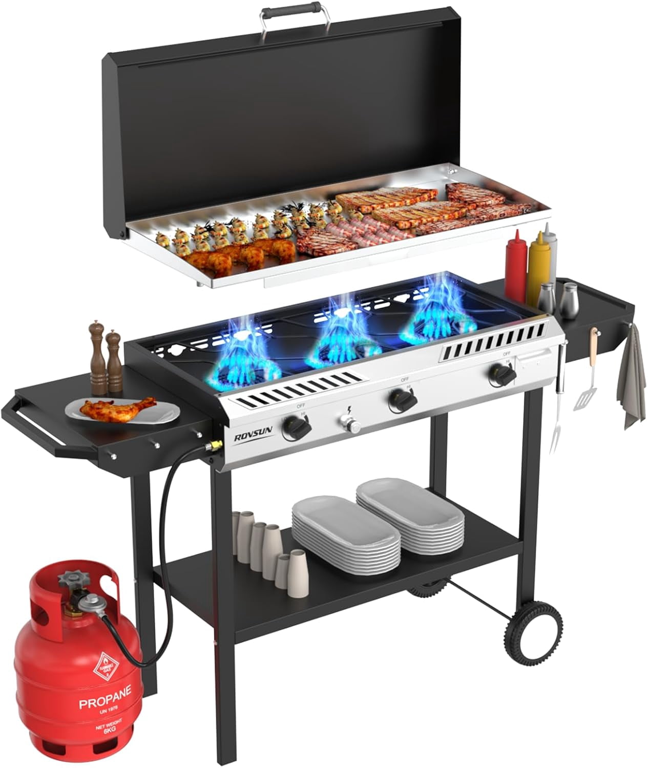 VINGLI 3 Burner Outdoor Propane Gas Stove with Griddle, Ignition & Side ...