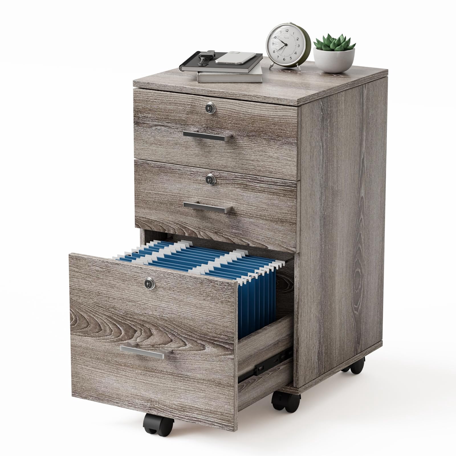 VINGLI 3-Drawer File Cabinet with Lock, Wood Rolling Filing Cabinets ...