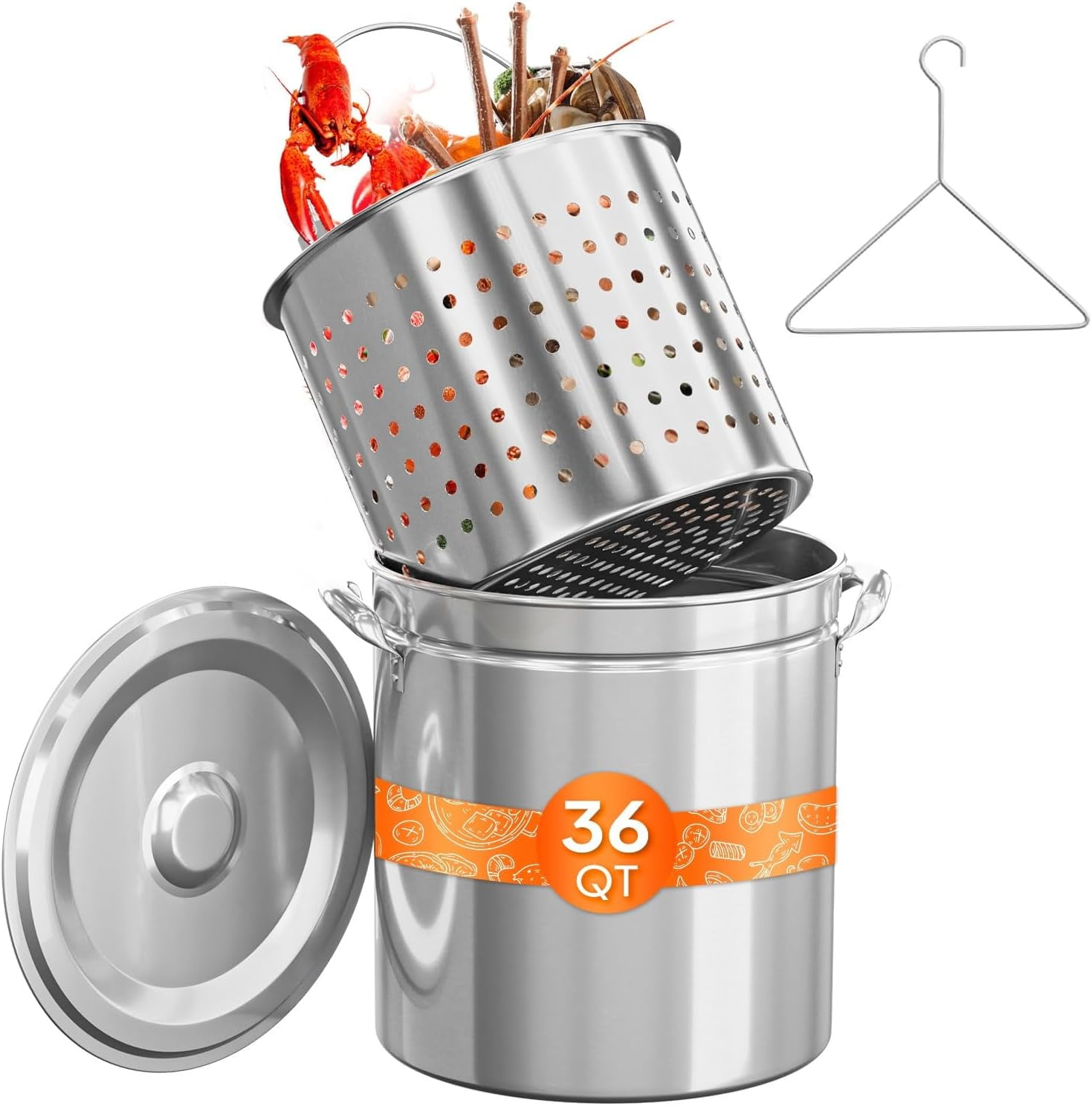 VINGLI 36QT Stainless Steel Seafood Boil Pot with Strainer Basket, Lid ...