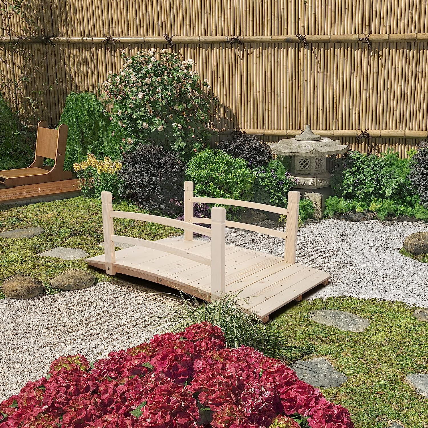 VINGLI 4 ft Garden Bridge, Arch Walkway Wooden Bridge with Safety Rails ...
