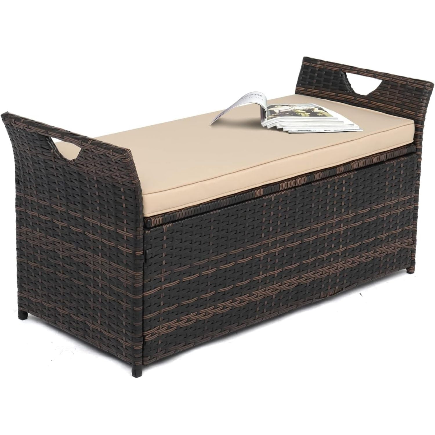 VINGLI 40 Gallon Outdoor Storage Bench with Cushion, Rattan Storage Box ...