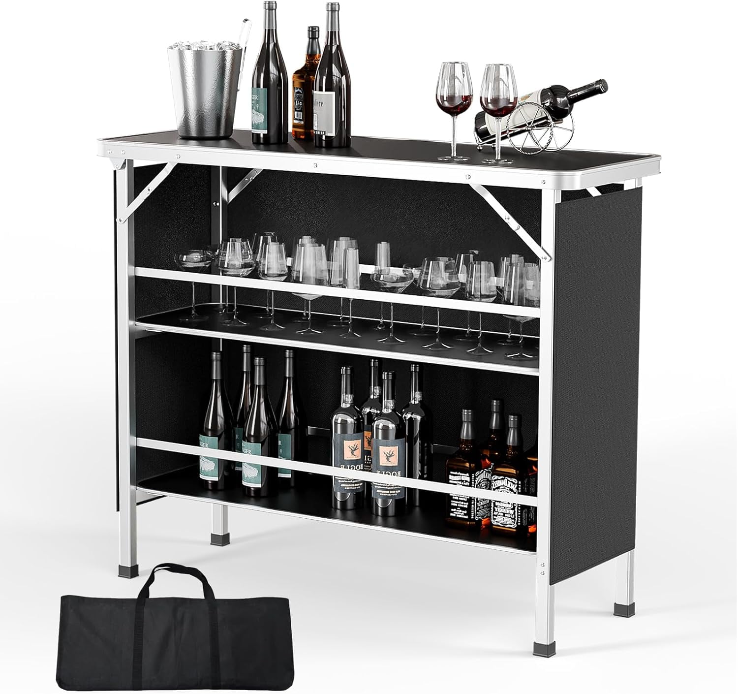 VINGLI 43" Portable Bar Table, 3-Tier Shelves, Carry Bag，Mobile Bar ...