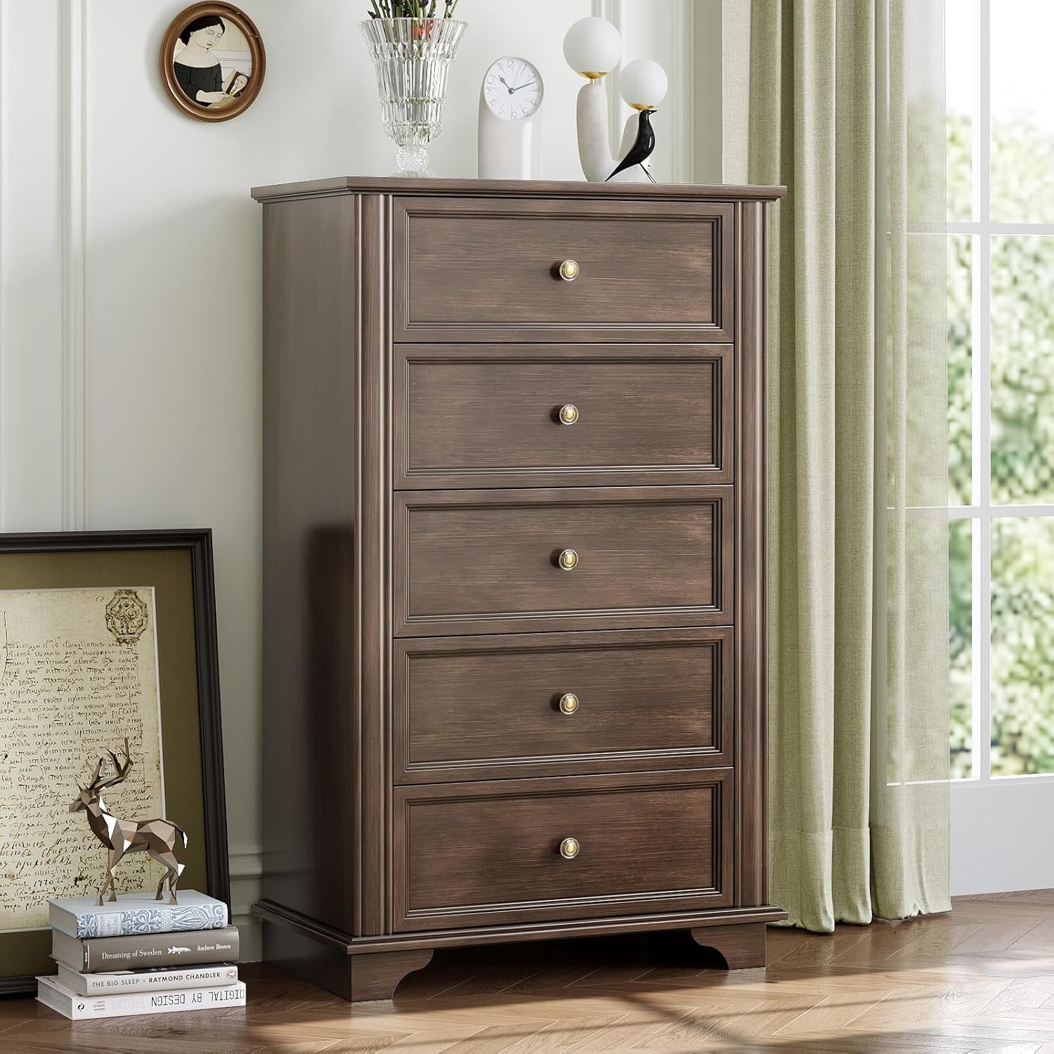 VINGLI 47" Tall Dresser 5 Drawer Chest of Drawers, Wood Dresser for ...
