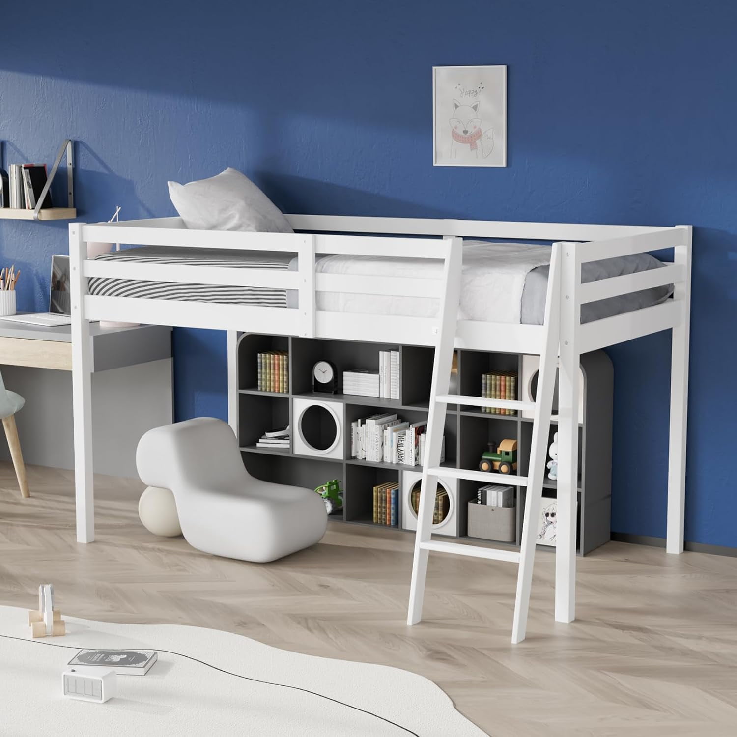 VINGLI Kids Junior Low Loft Bed with Stairs and Guard Rails, White ...