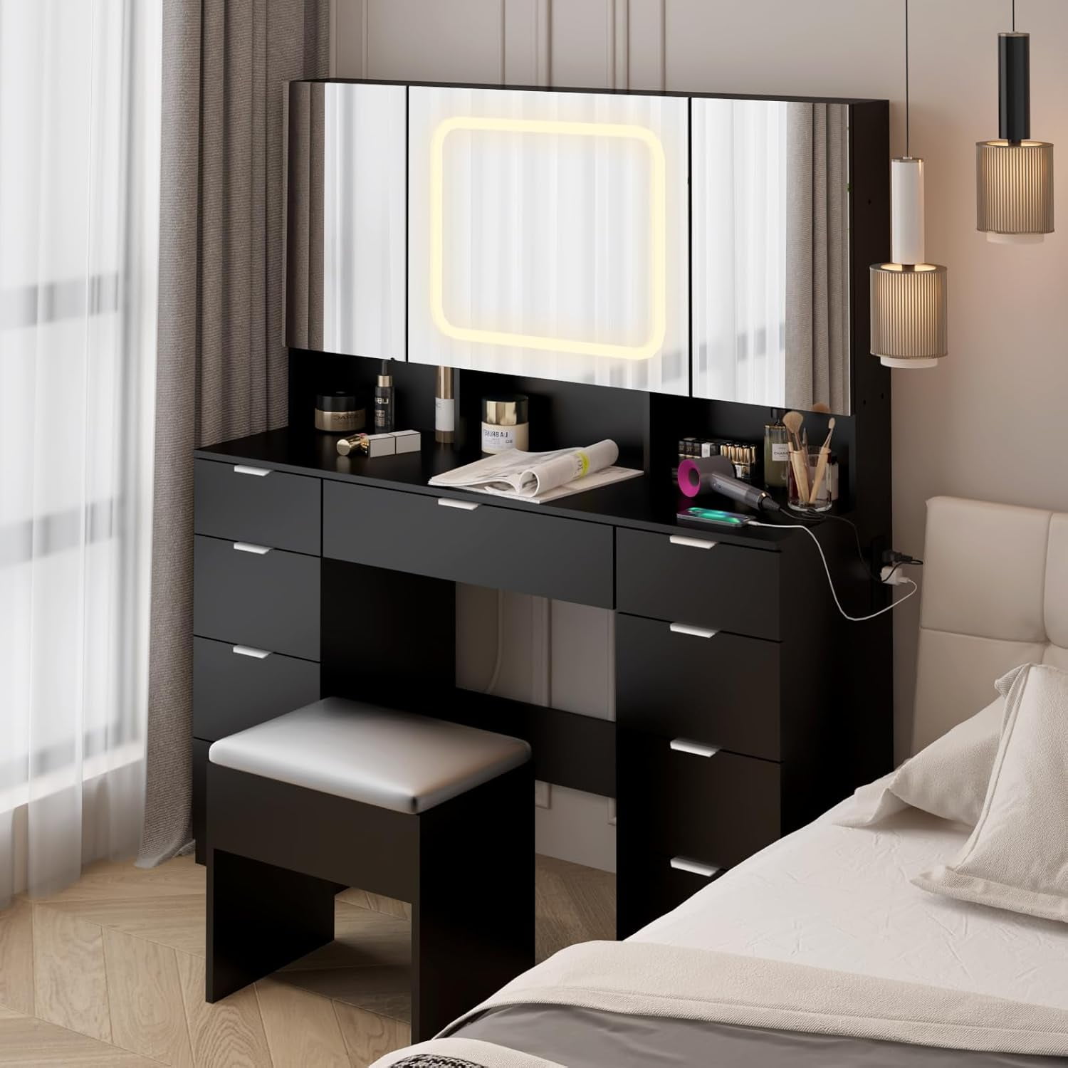 VINGLI 47'' Vanity Desk with LED Lighted Large Mirror & Cushioned Stool ...